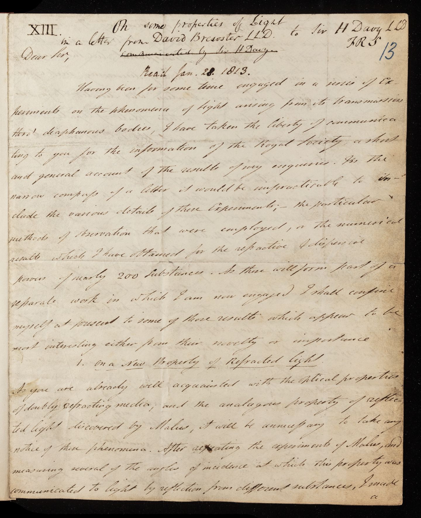 Paper, 'On some properties of light' in a letter from David Brewster to ...