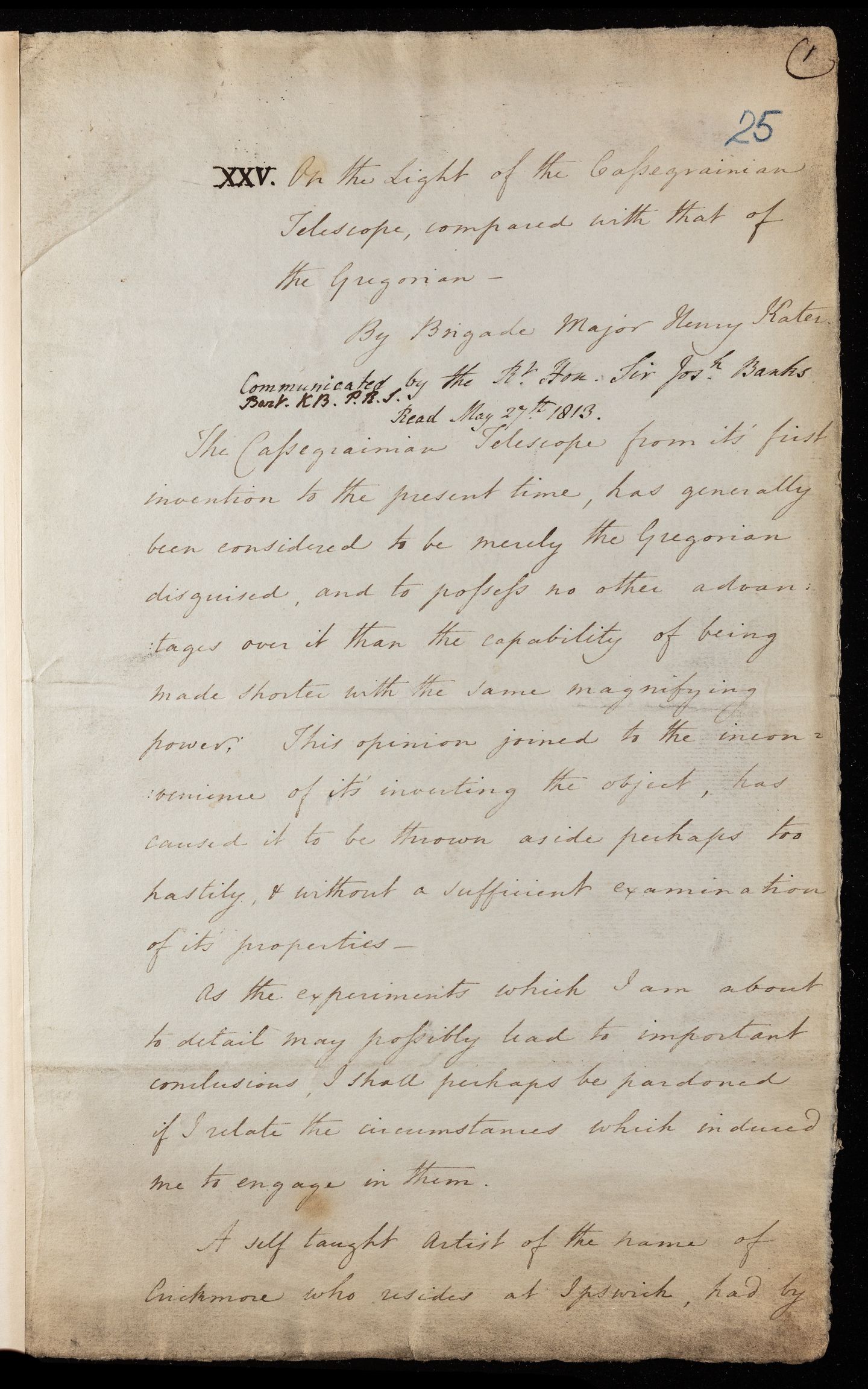 Paper, 'On the light of the Cassegrainian telescope, compared with that ...