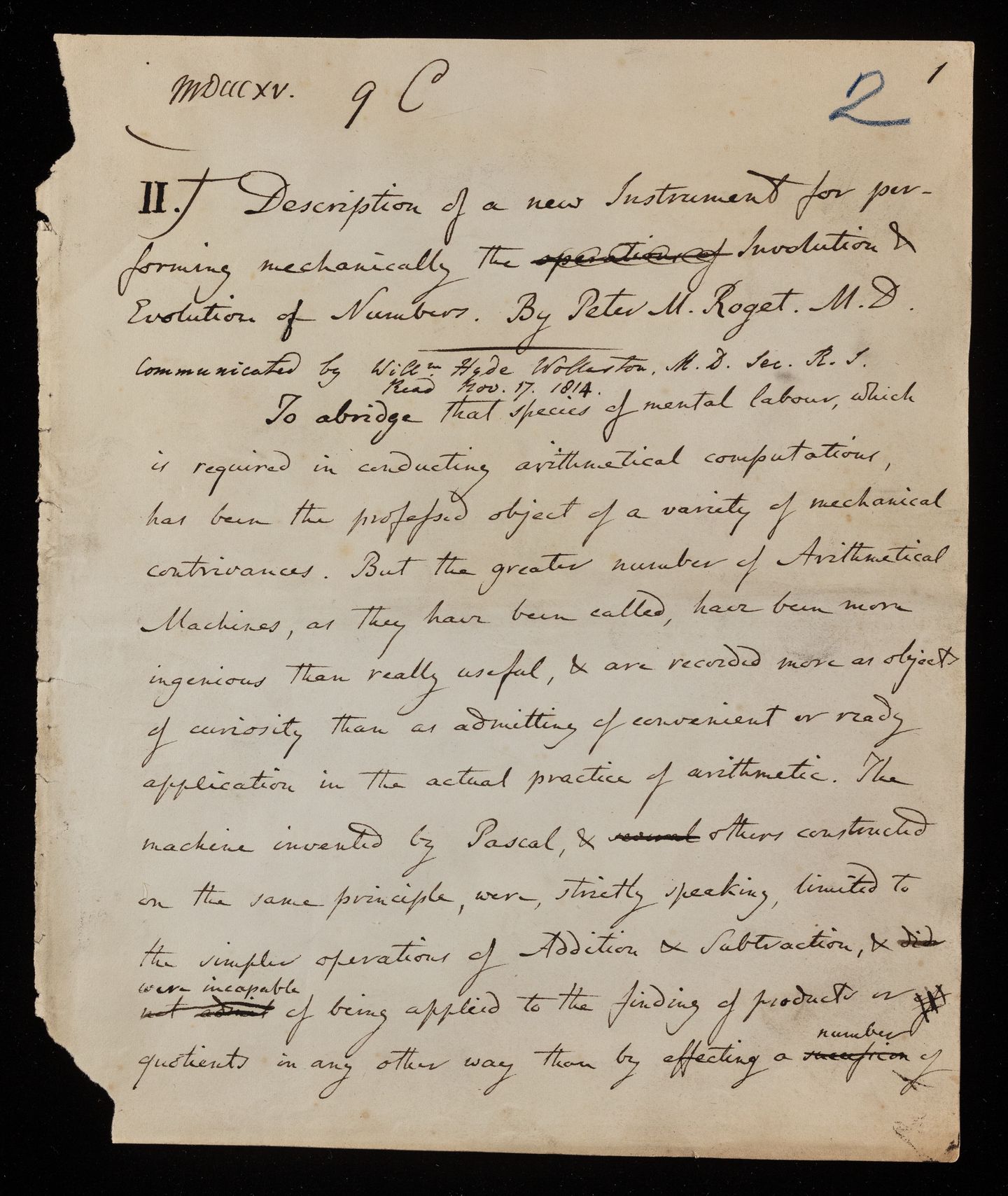 Paper, 'Description of a new instrument for performing mechanically the ...