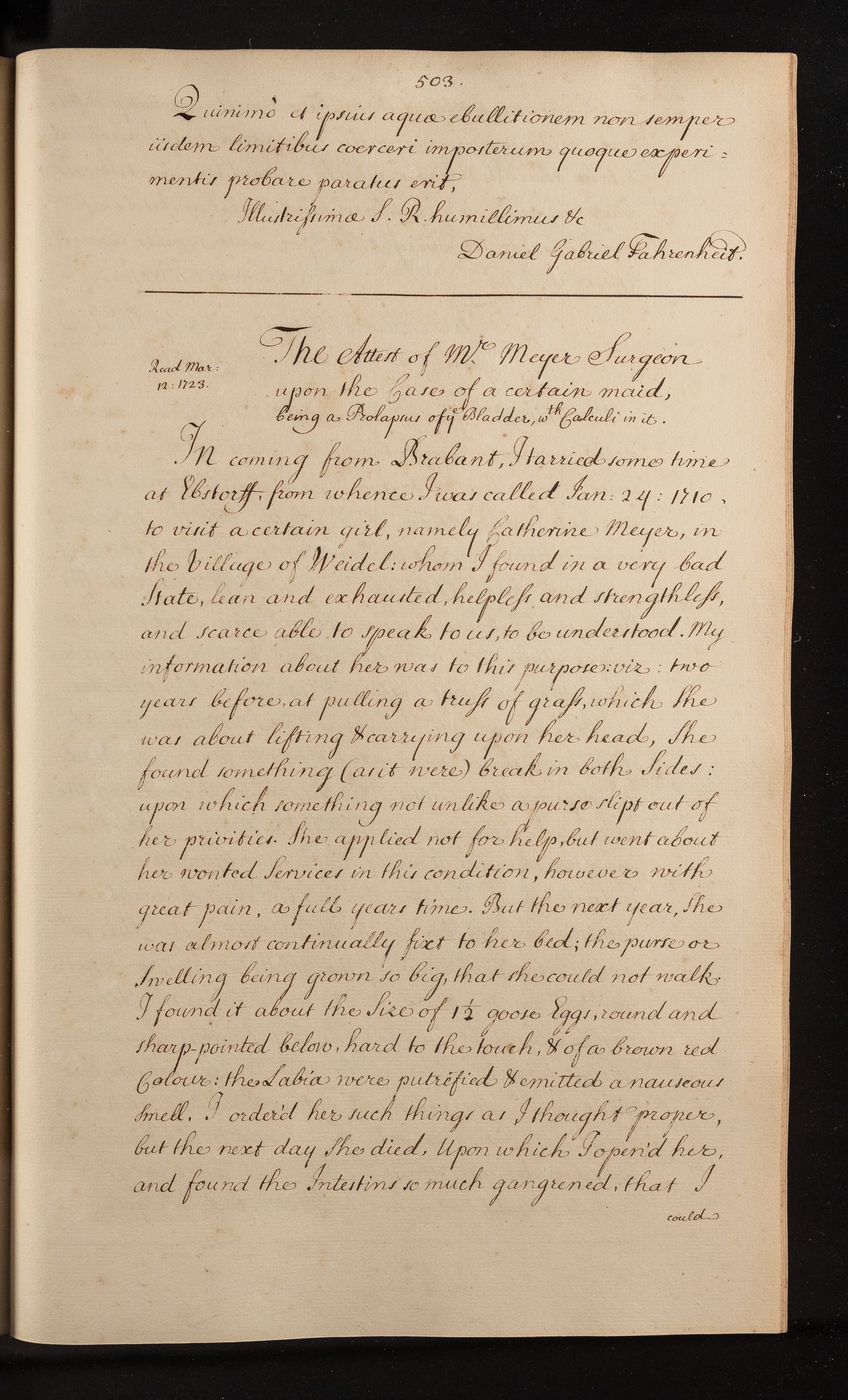 Concerning A Girl With A Prolapsed Bladder With A Stone By Mr Meyer Surgeon The Royal Society