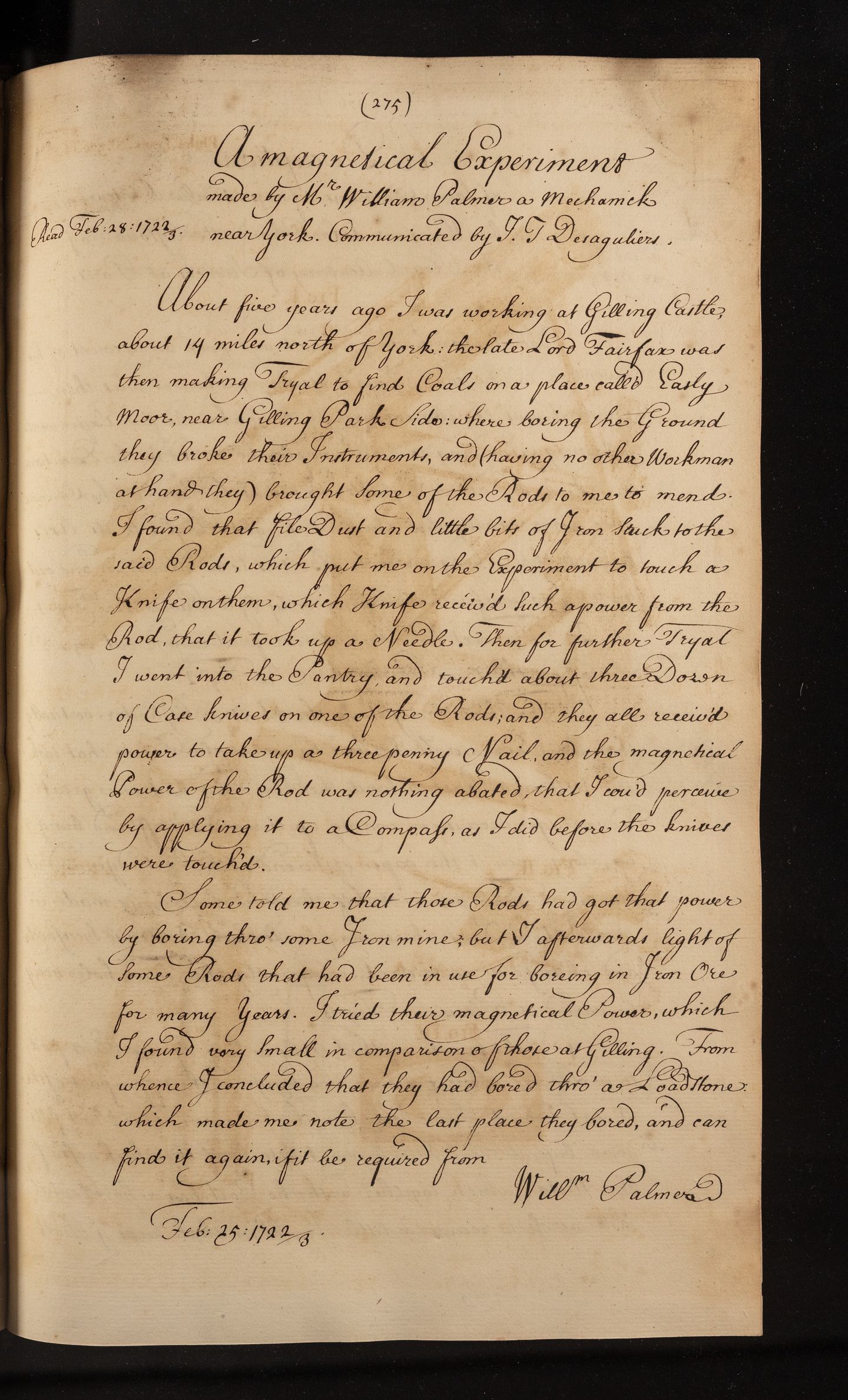 'A magnetical Experiment made by Mr William Palmer a Mechnick near York ...