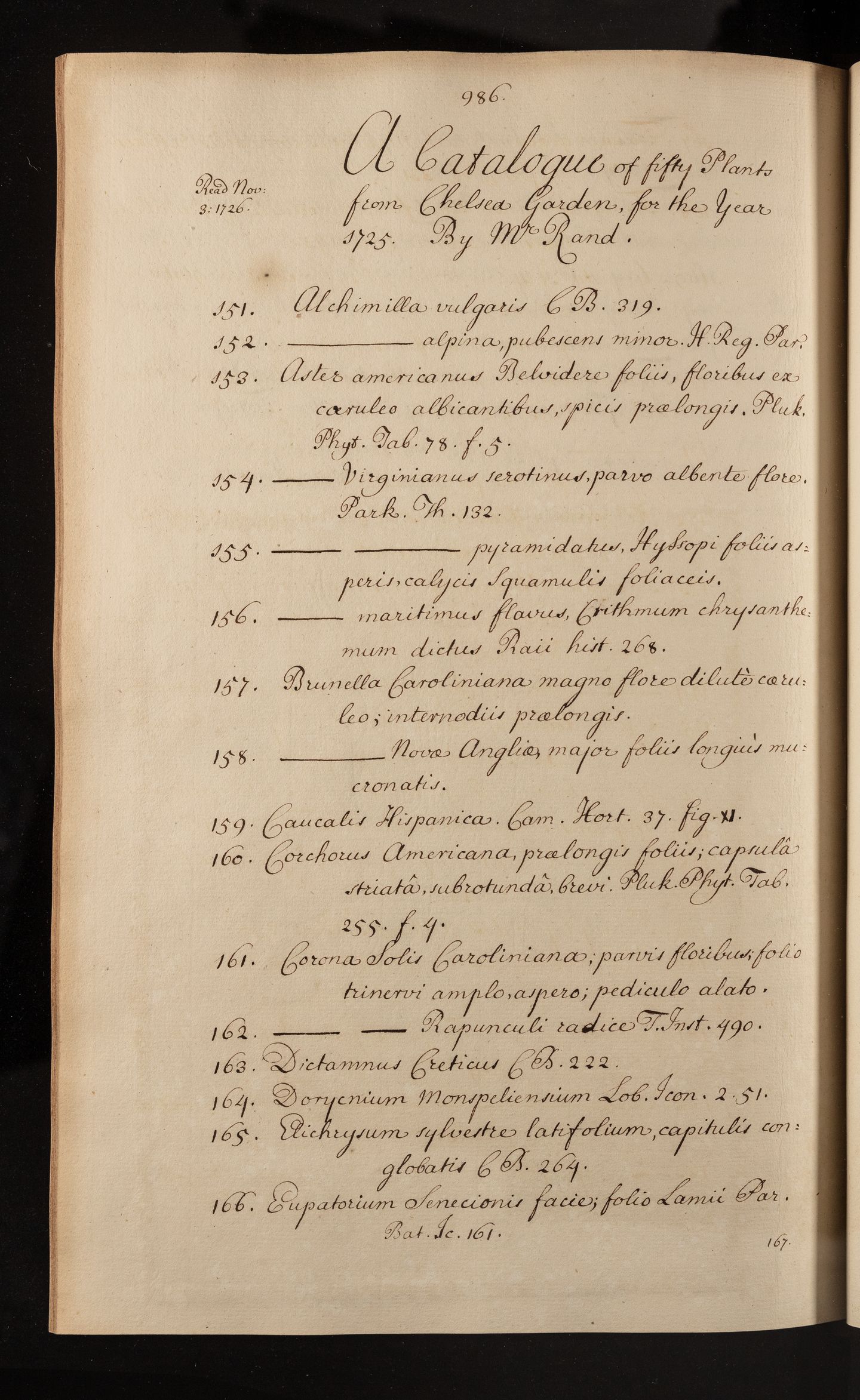 'A Catalogue of fifty Plants from Chelsea Garden for the Year 1725' by ...