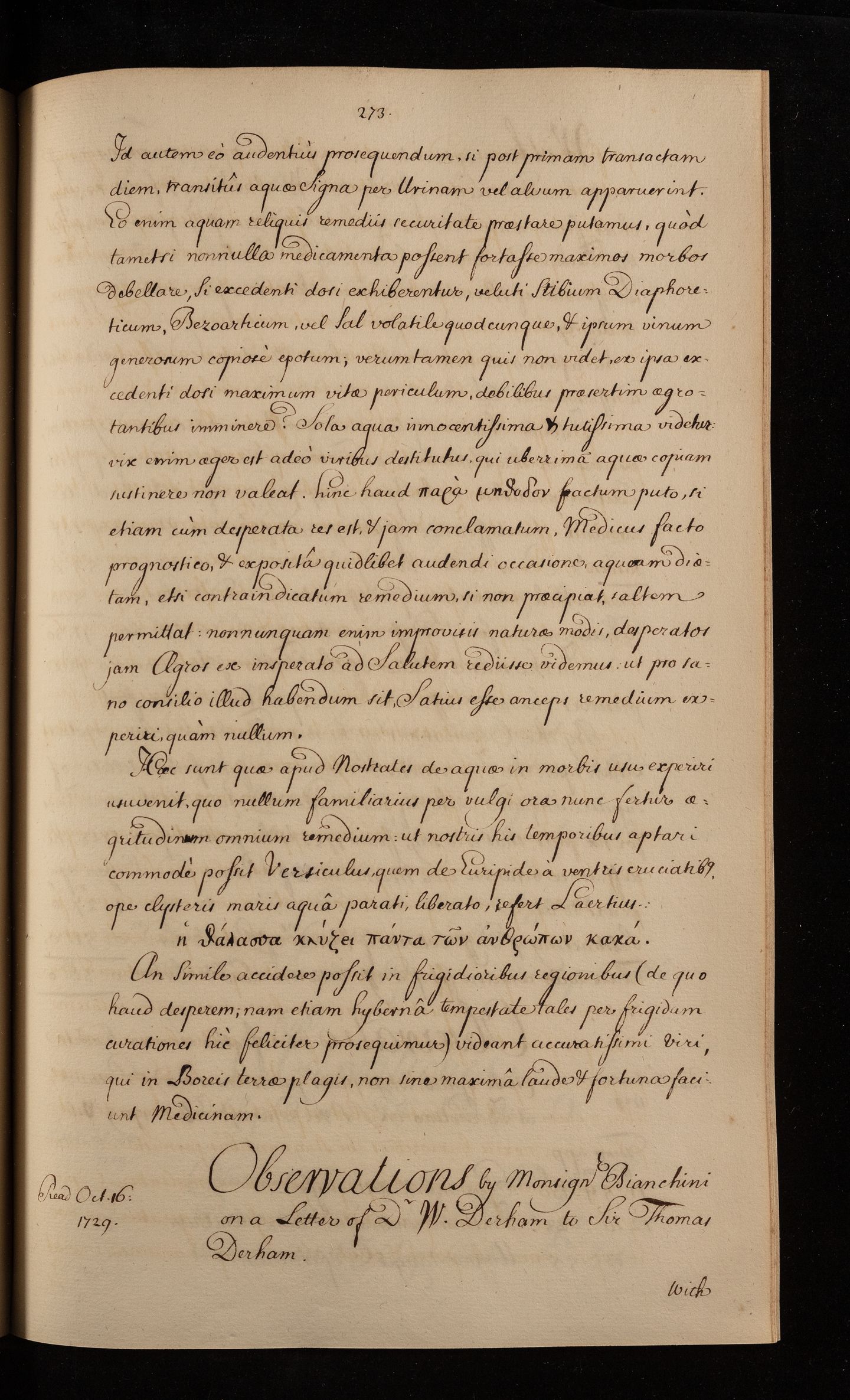 Observations by Monsignor Bianchini in a letter of William Derham to ...