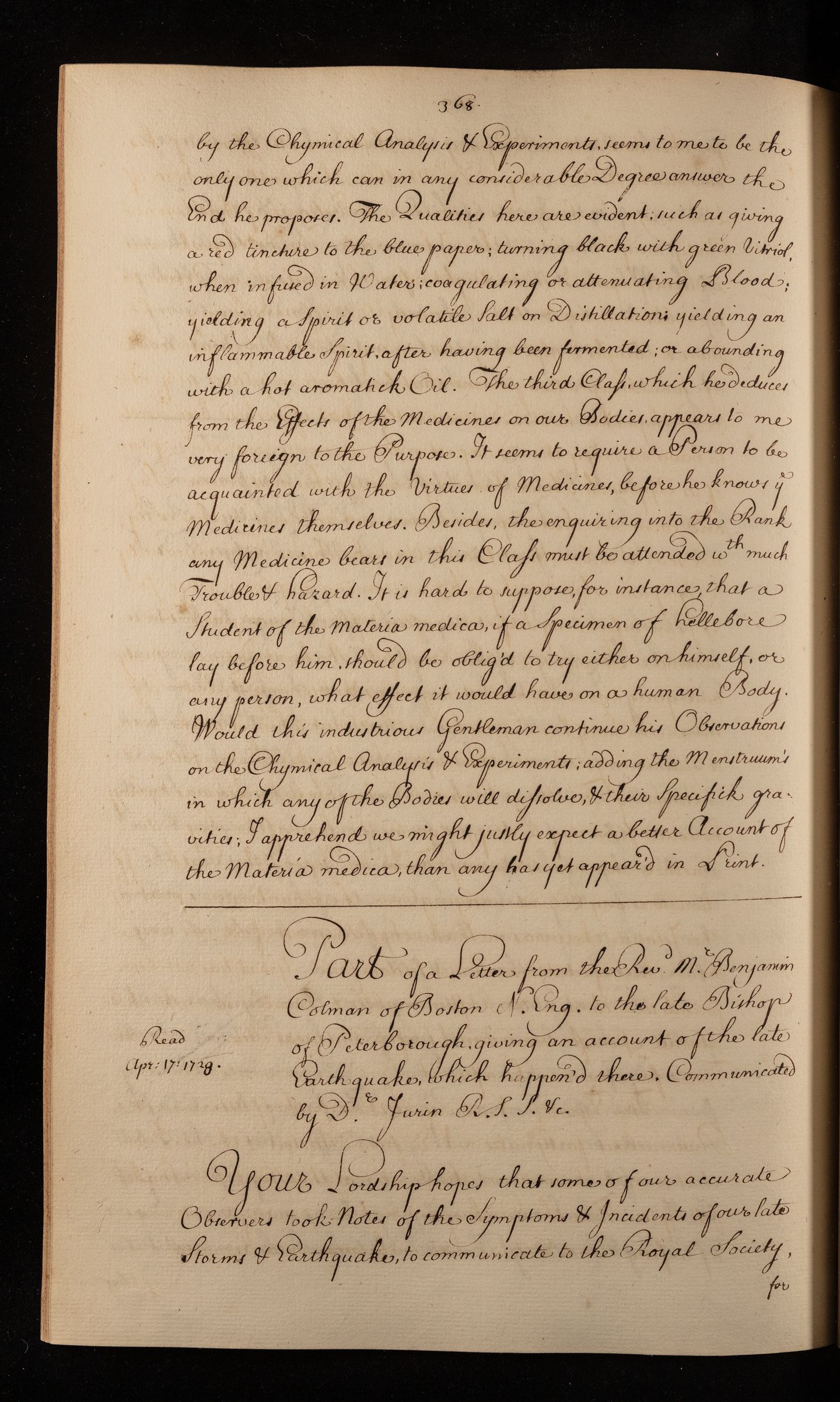 Part of a letter from the Reverend Benjamin Colman of Boston New ...