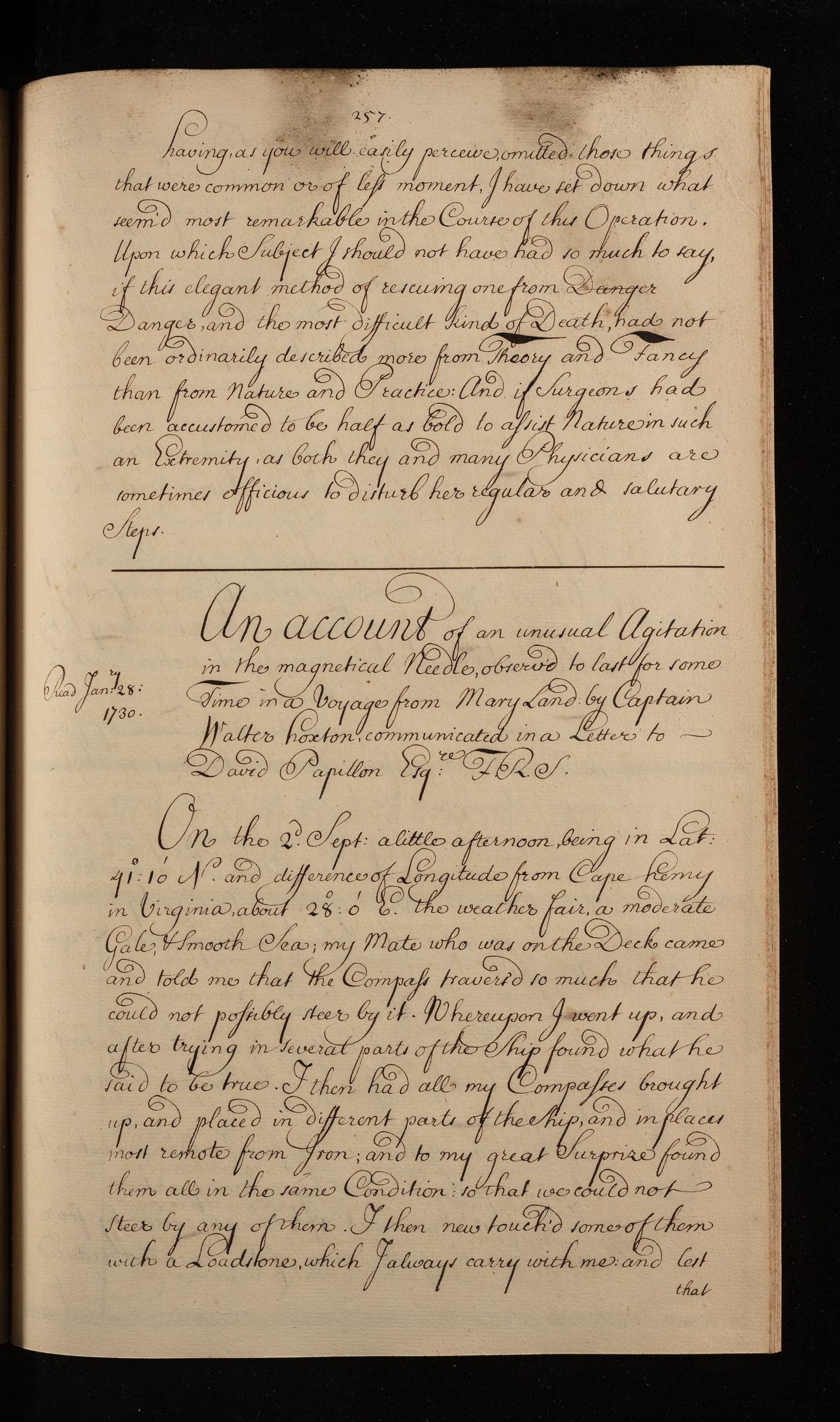 'An account of an unusual Agitation in the Magnetical Needle, observ'd ...