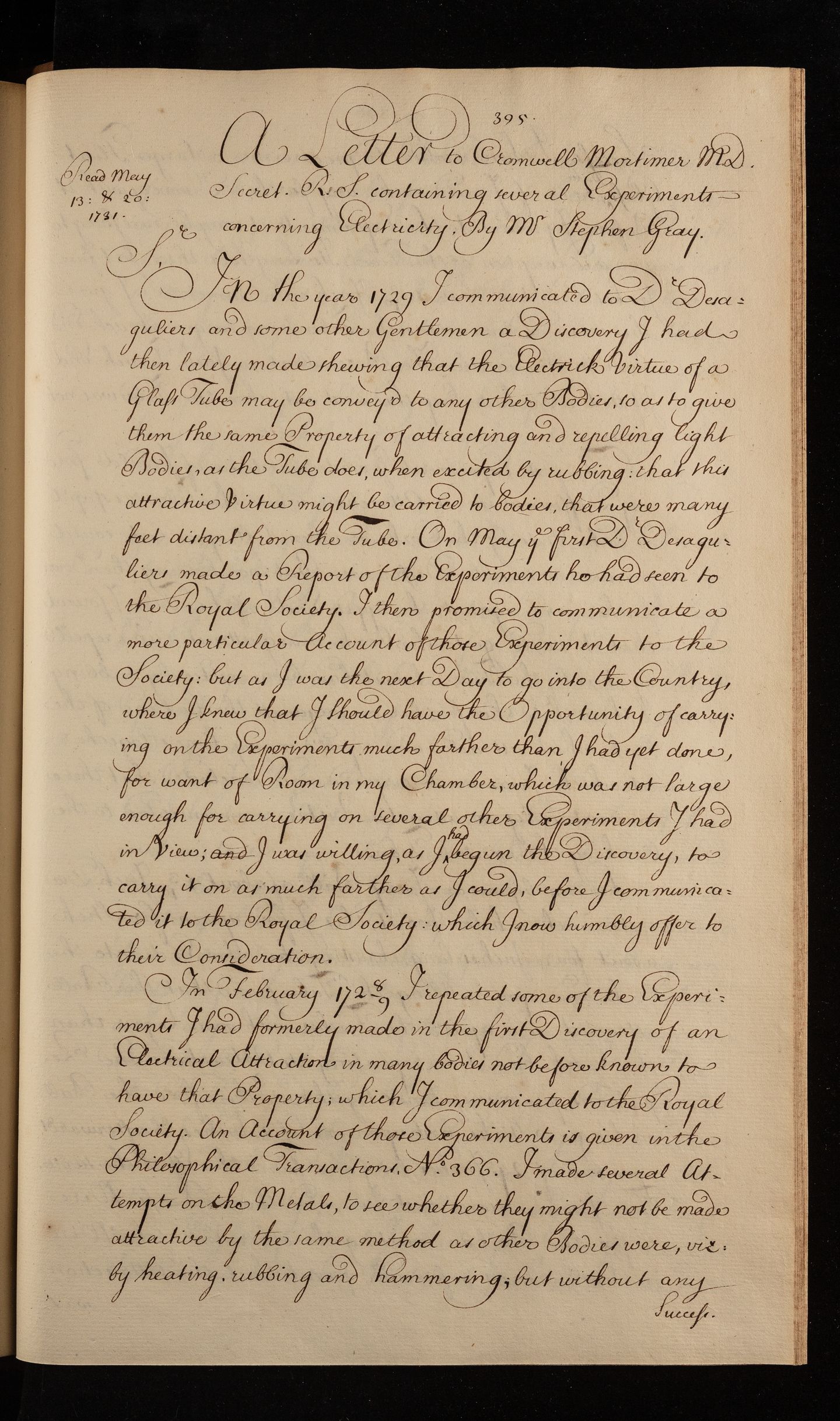 Details of experiments concerning electricity by Stephen Gray in his ...