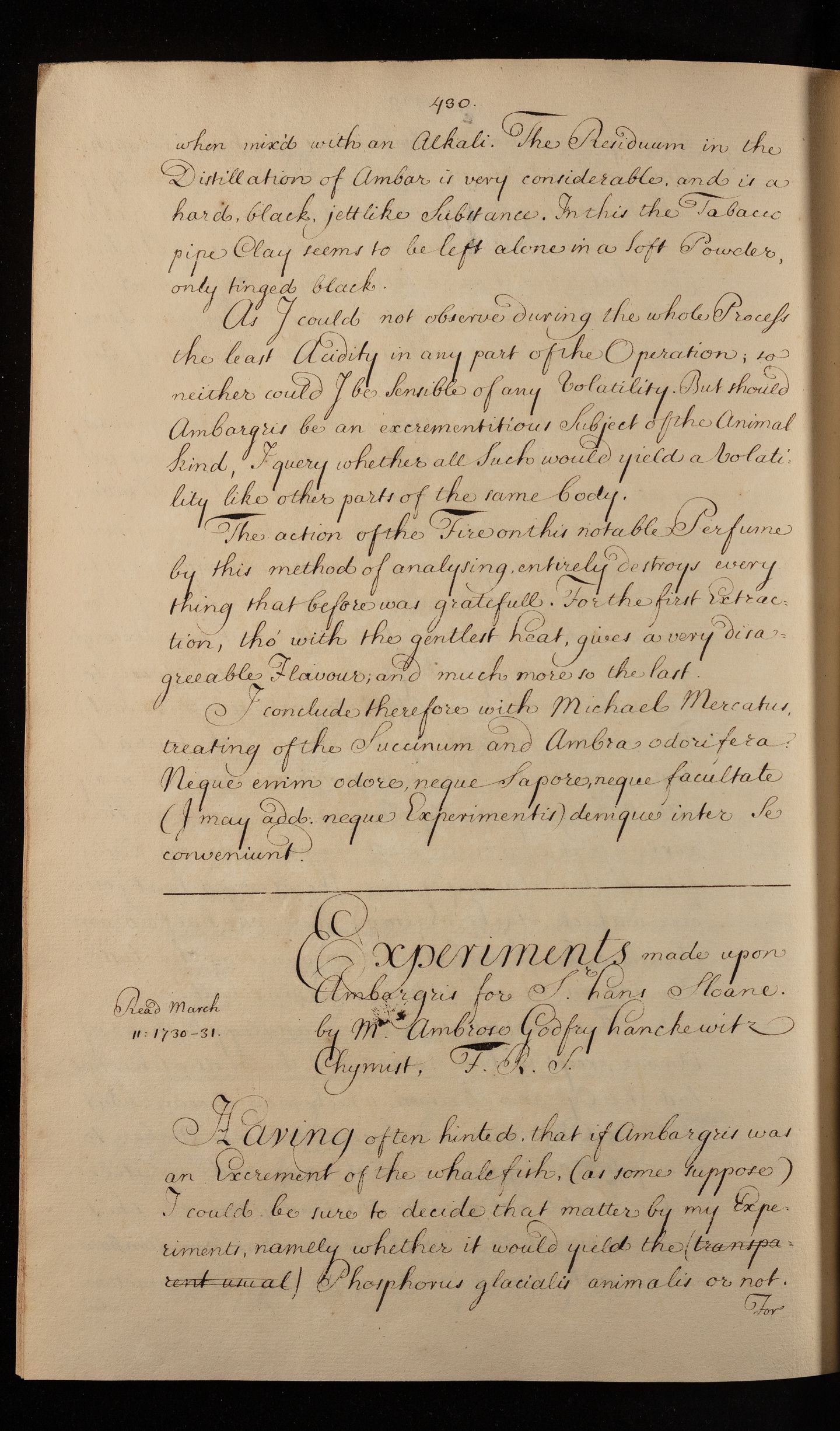 Experiments with ambergris for Hans Sloane by Ambrose Godfrey ...