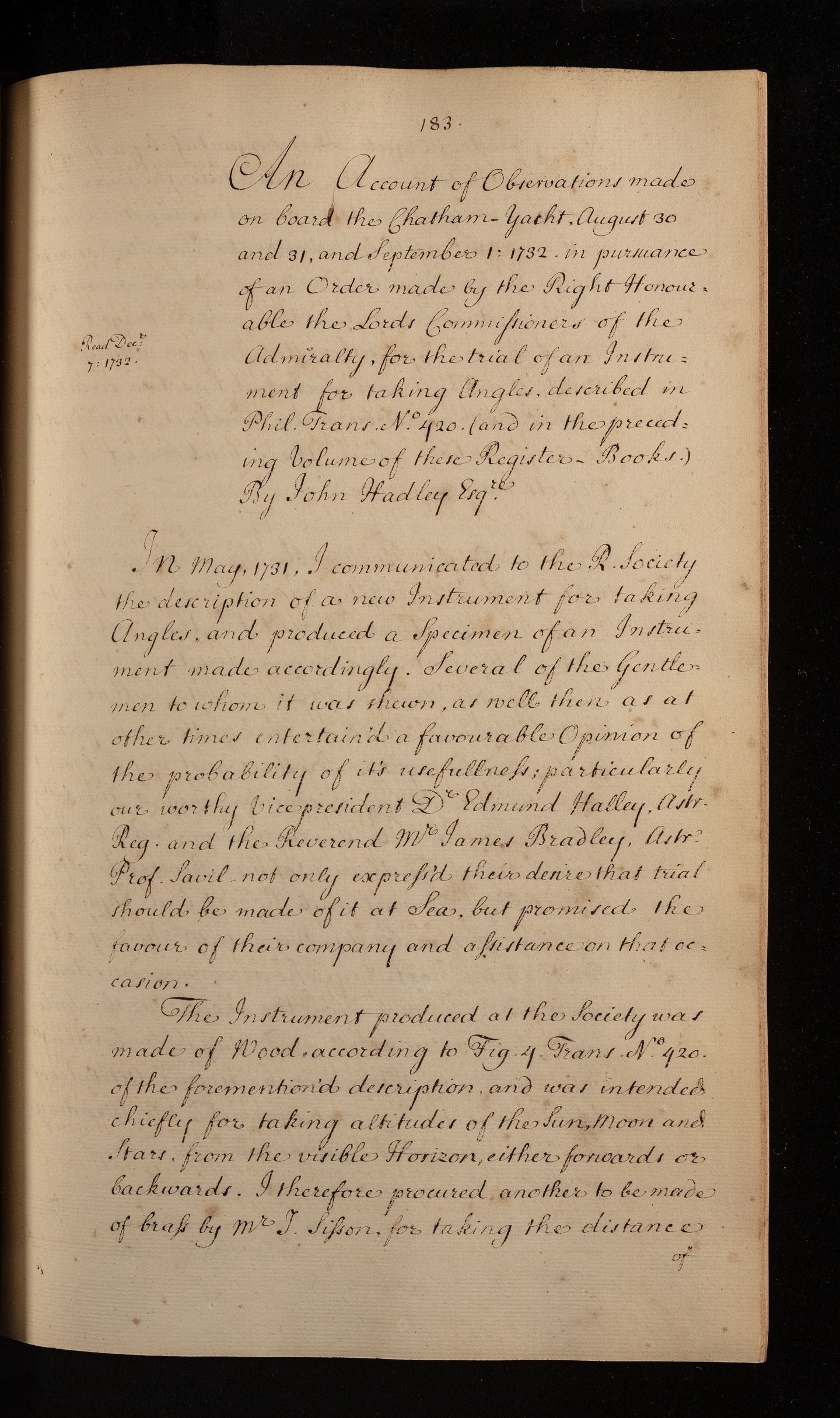 Trial of the instrument for taking Angles by John Hadley | The Royal ...