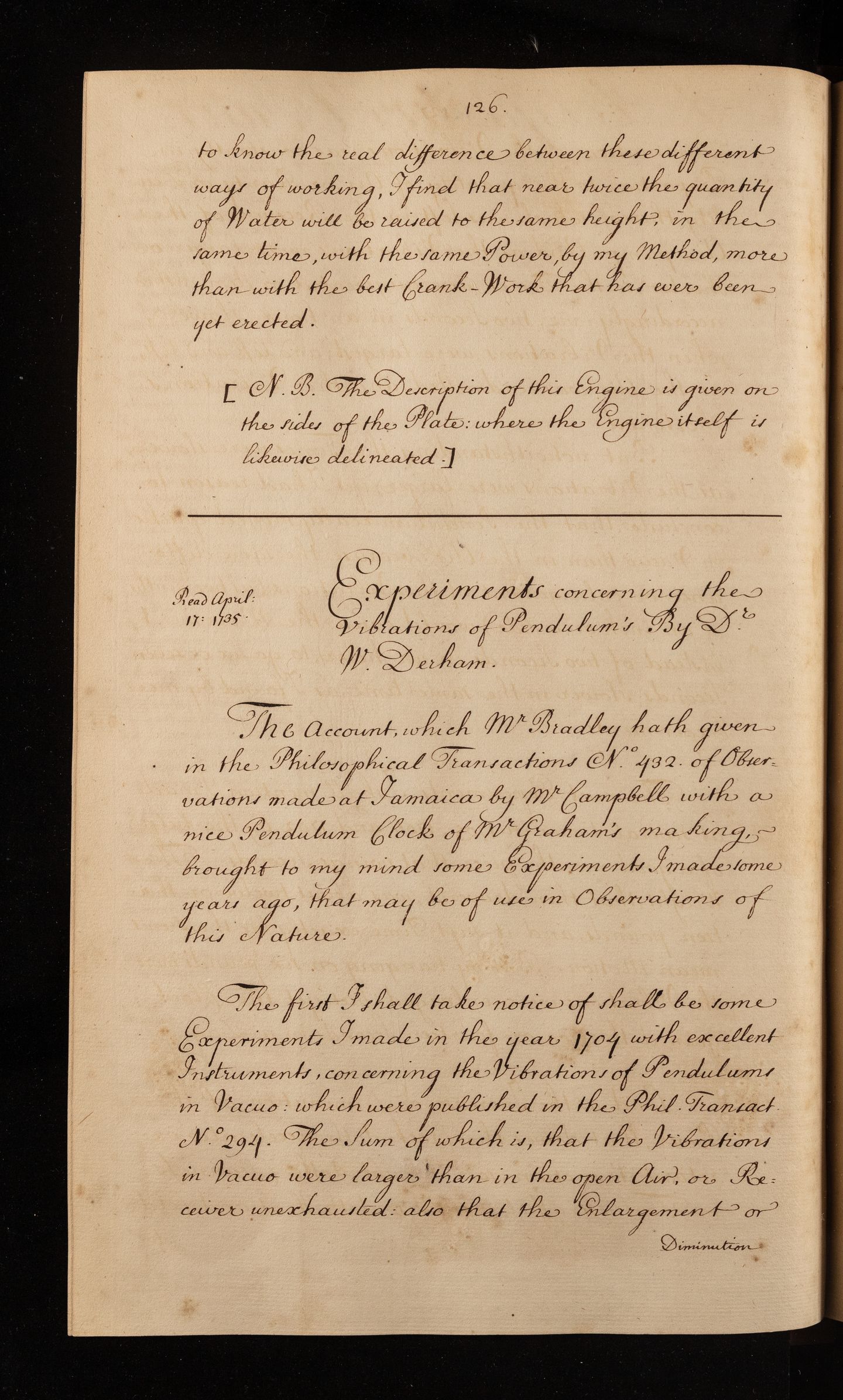 'Experiments concerning the vibrations of Pendulums' by William Derham ...