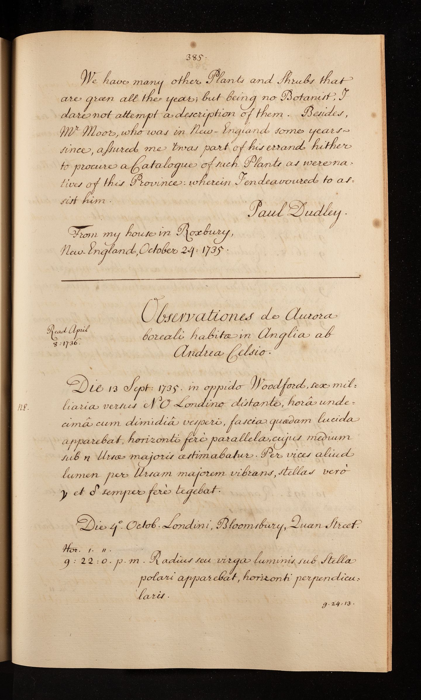 Observations of the Aurora Borealis witnessed in London from September ...