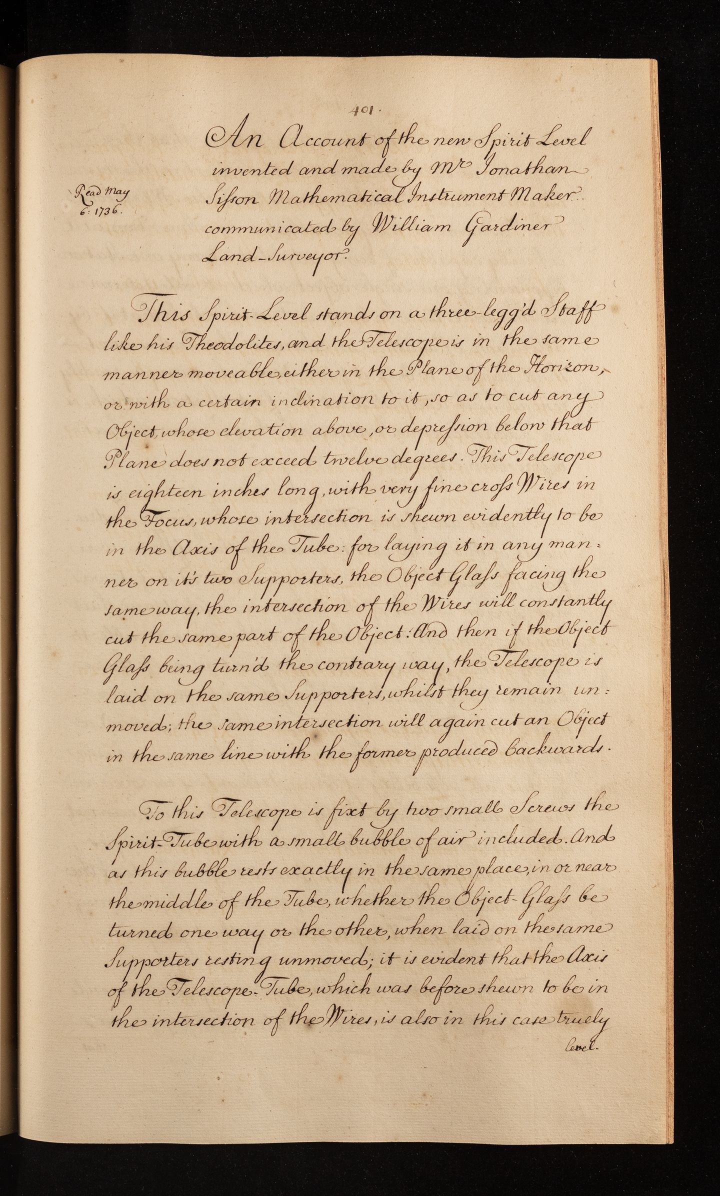 'Account of the new Spirit Level invented and made by Mr Jonathan ...