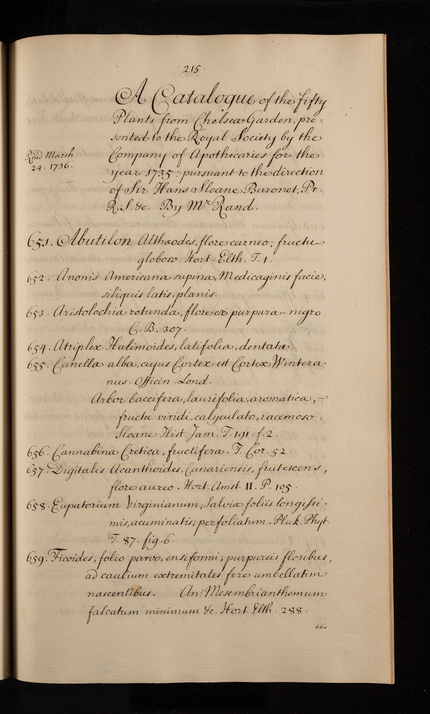 'A Catalogue of the fifty Plants from Chelsea Carden presented to the ...