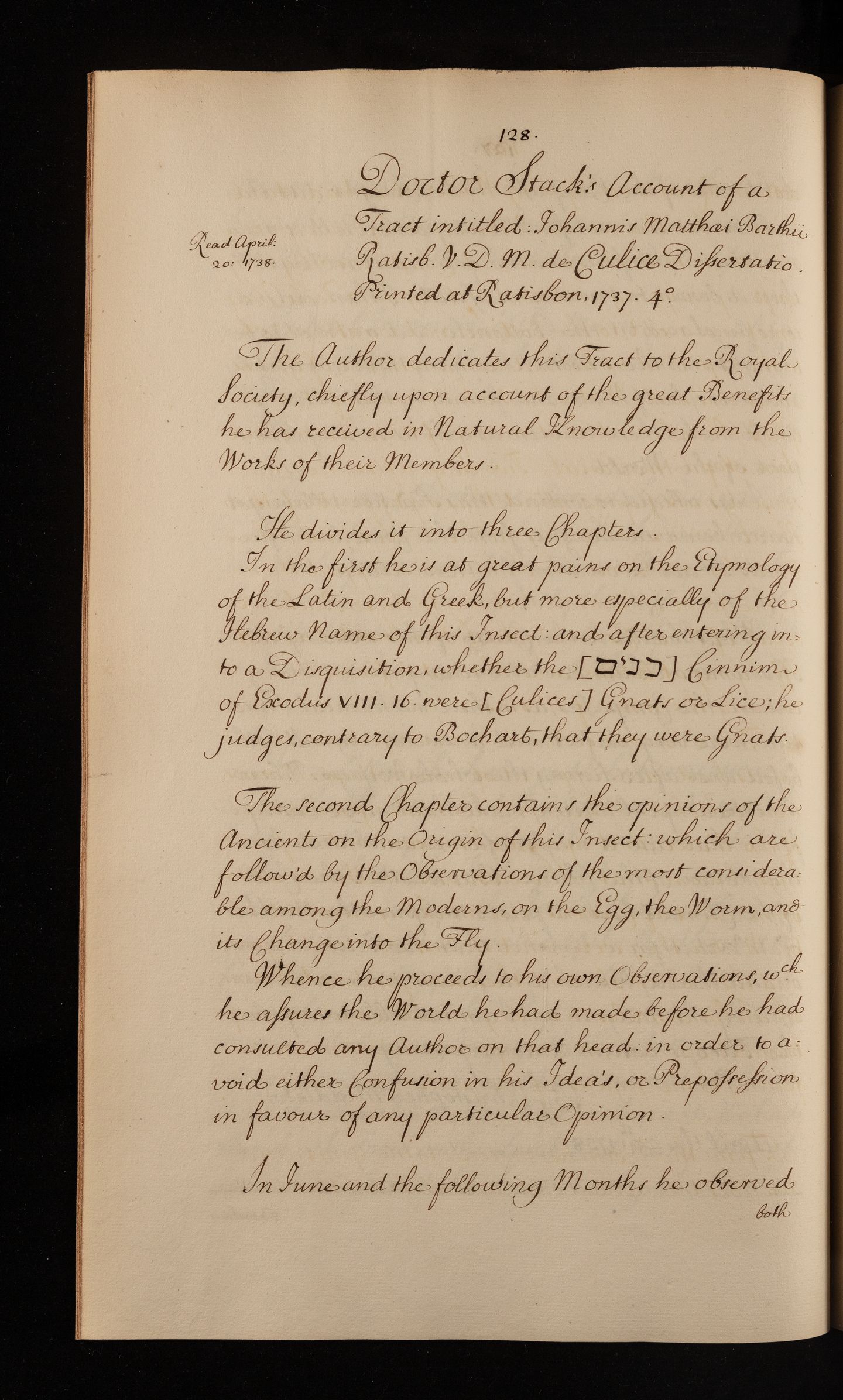 Thomas Stack's account of a tract about the insect 'culices' (gnats or ...