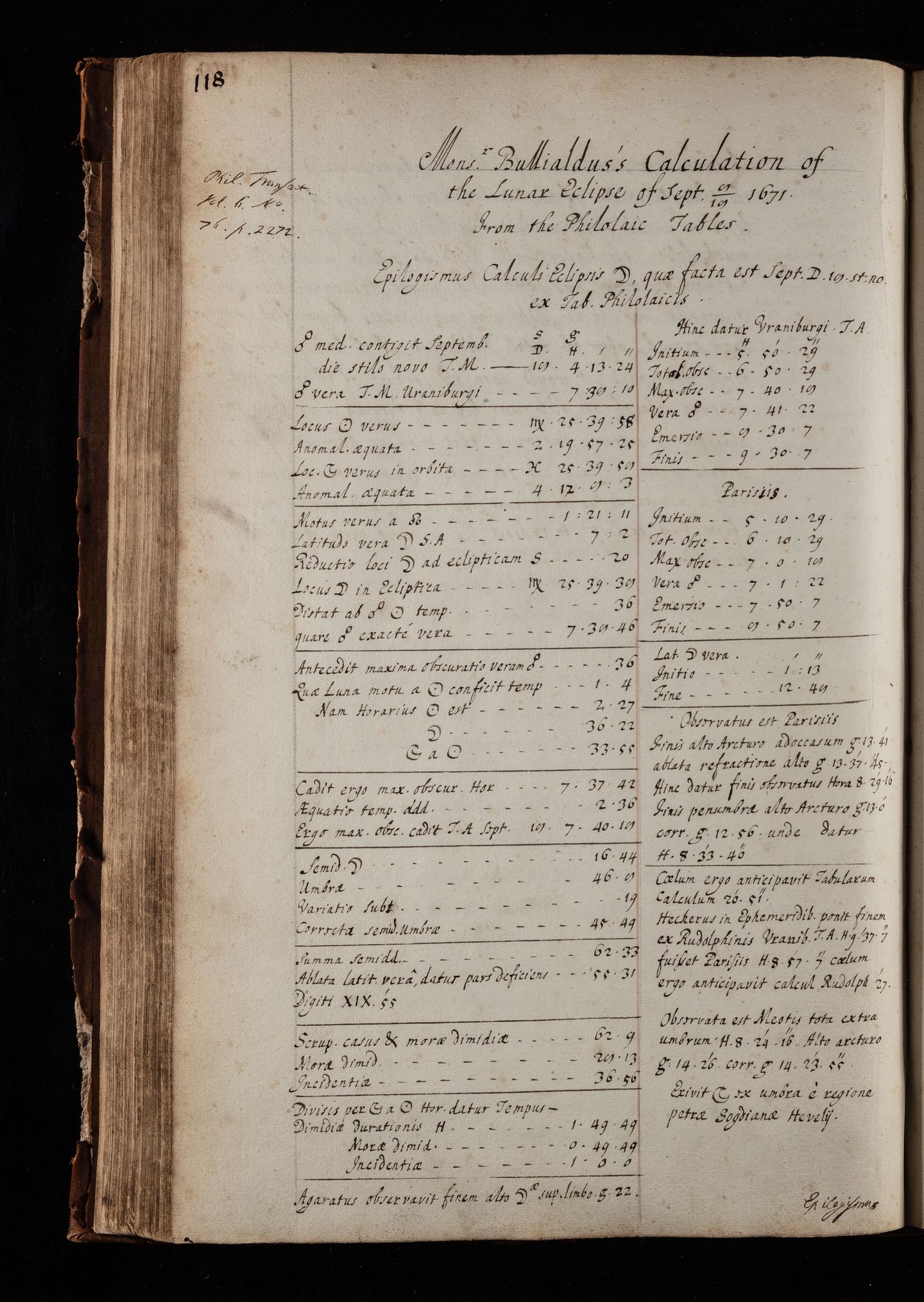 Mons Bullialdus S Calculation Of The Lunar Eclipse Of September 18 1671 From The Philolaic