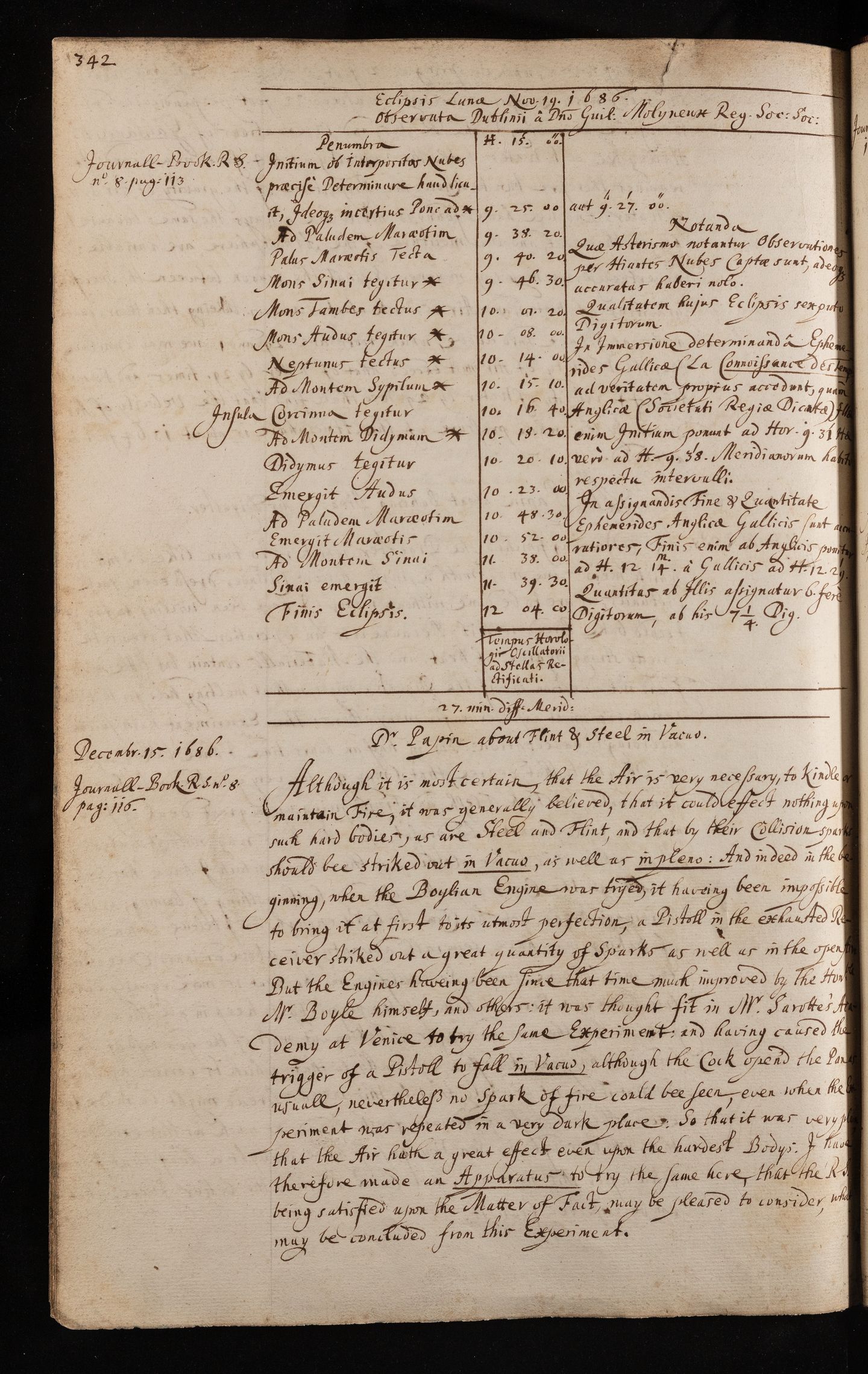 Table showing observations of the lunar eclipse on 19 November 1686 by ...