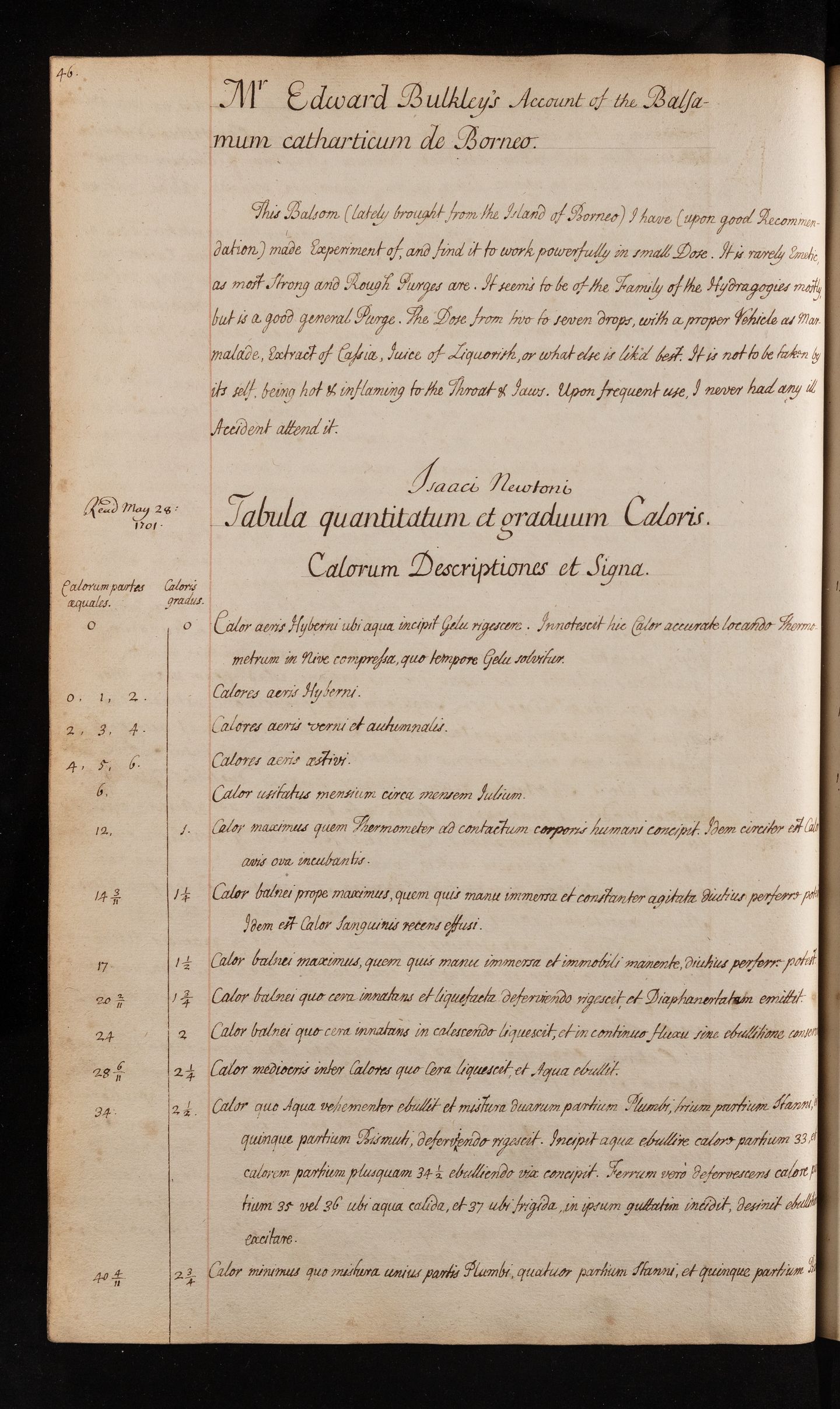 Copy of Isaac Newton's table showing the quantity and degrees of heat ...