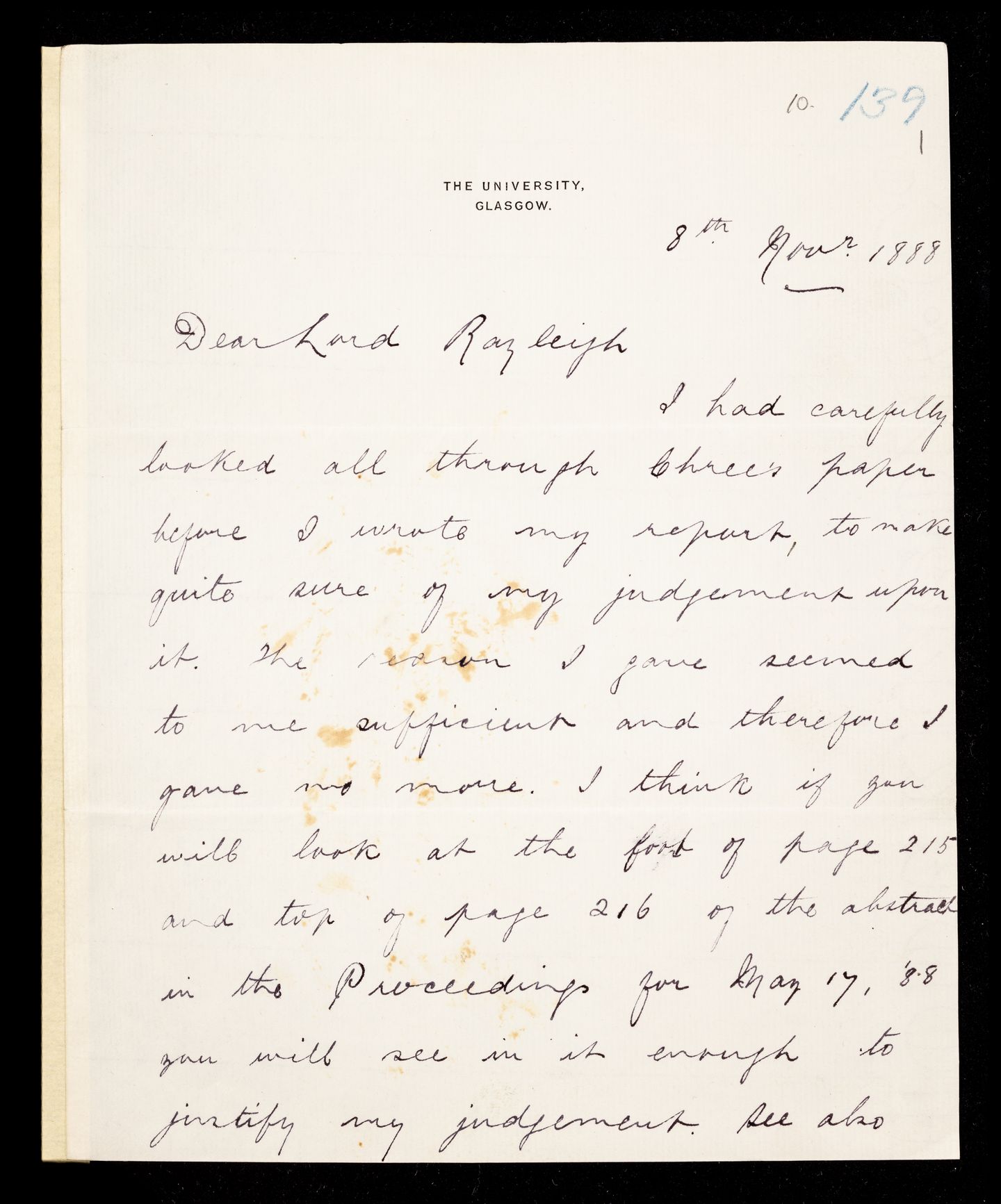Letter from William Thomson, Lord Kelvin, to John William Strutt, 3rd ...