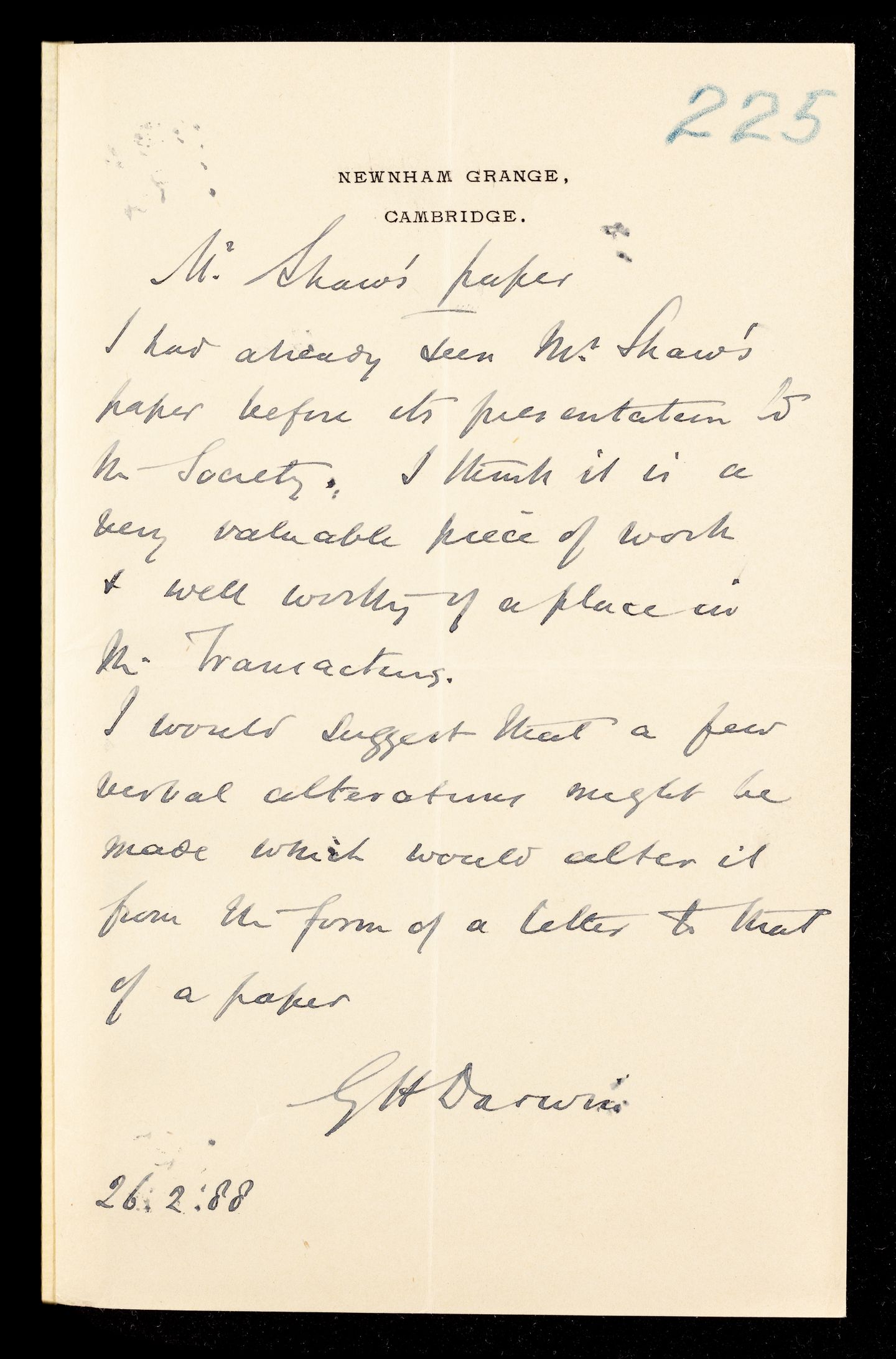 Referee's report by George Howard Darwin, on a paper 'Report on ...