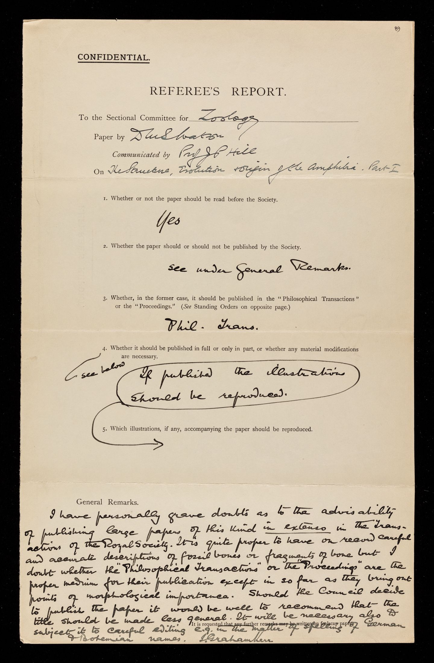 Referee's report by John Graham Kerr, on a paper 'The structure, evolution and origin of the ...