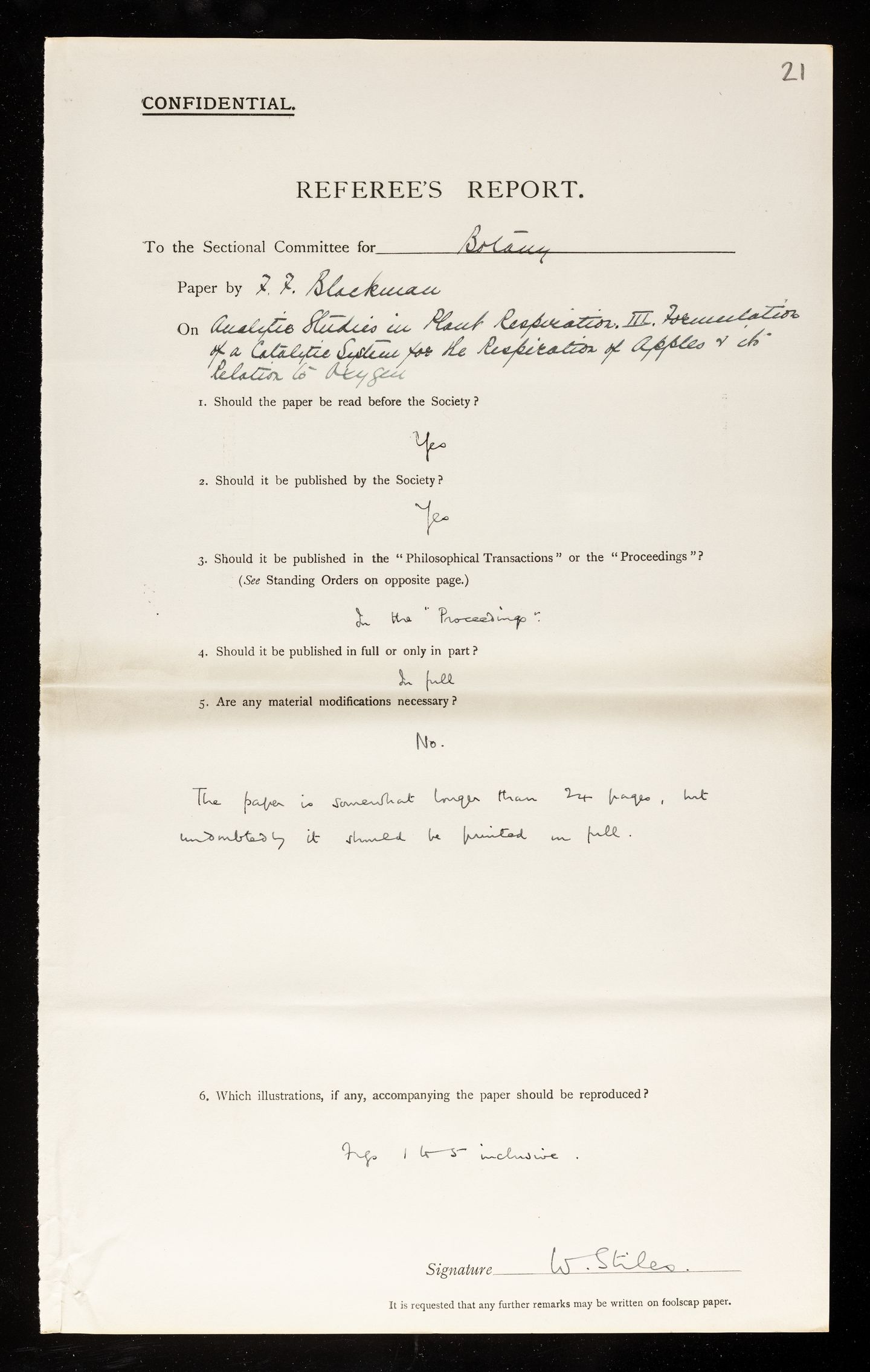 Referee's report by Walter Stiles, on a paper 'Analytic studies in plant respiration. III ...