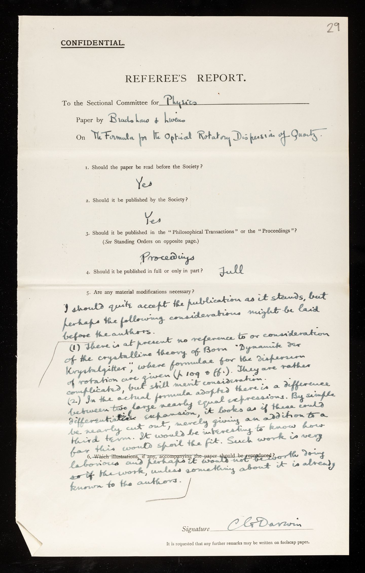 Referee's report by Charles Galton Darwin, on a paper 'The formula for ...