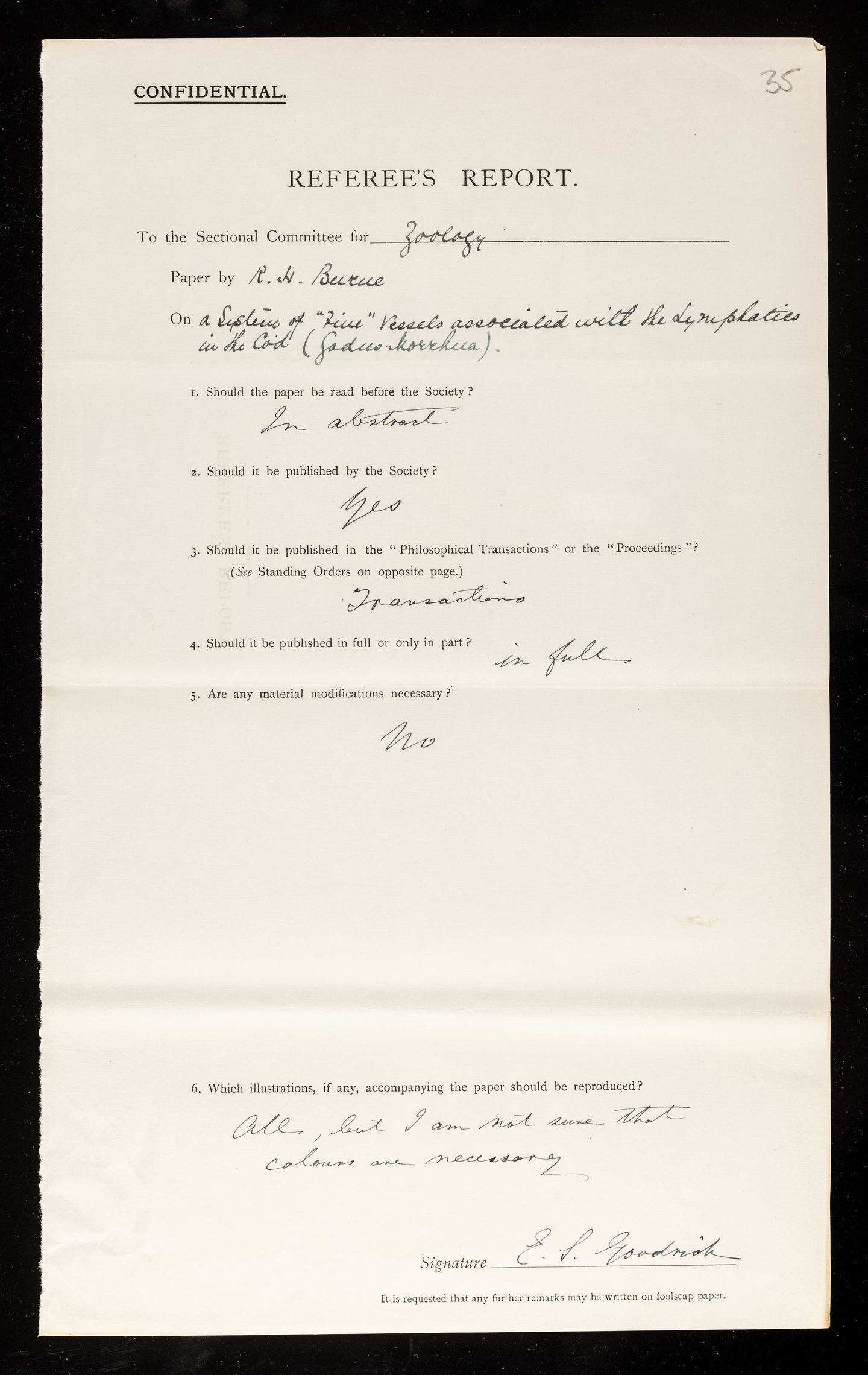 Referee's report by Edwin Stephen Goodrich, on a paper 'A system of a ...