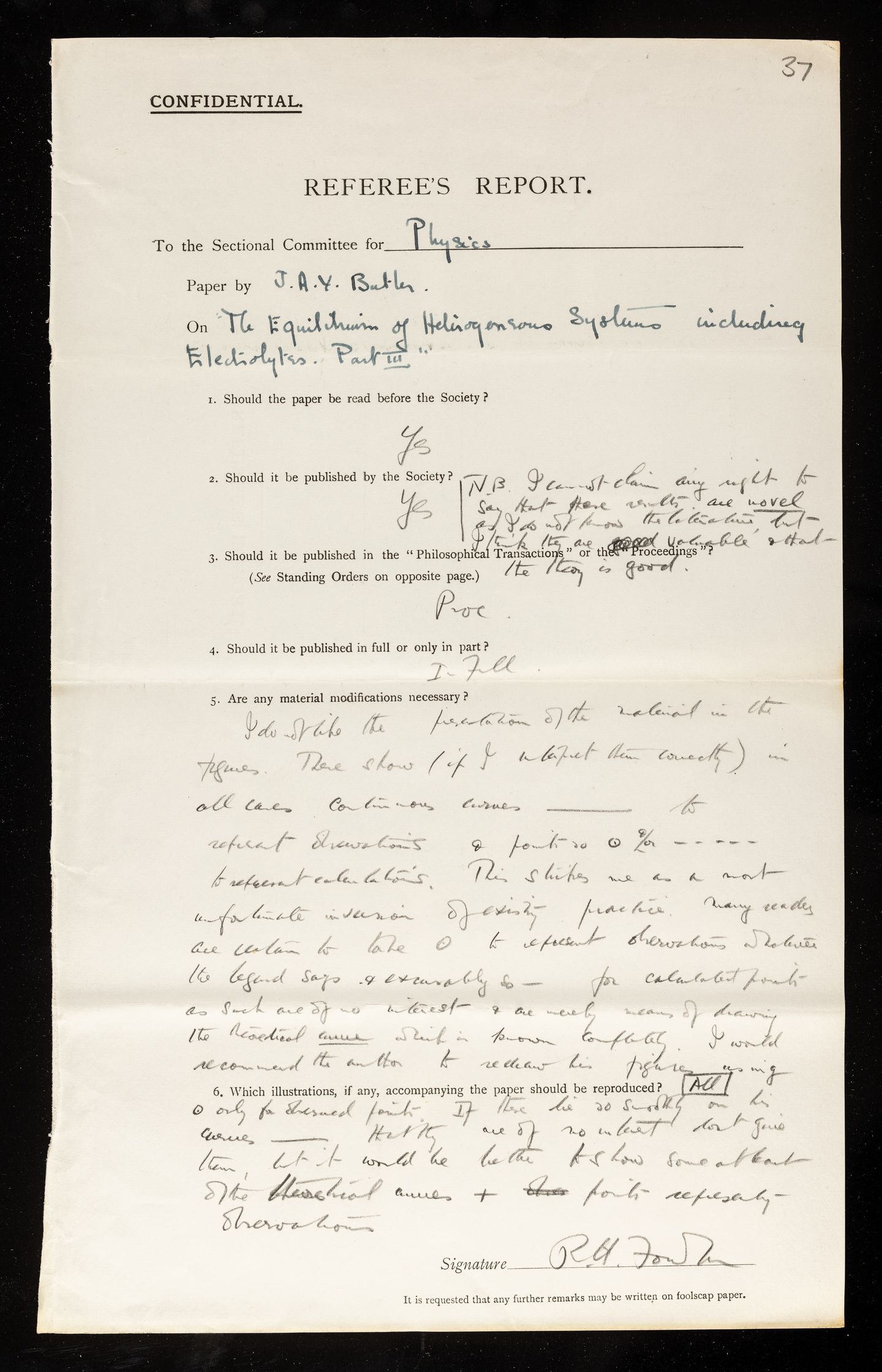 Referee's report by Ralph Howard Fowler, on a paper 'The equilibrium of ...