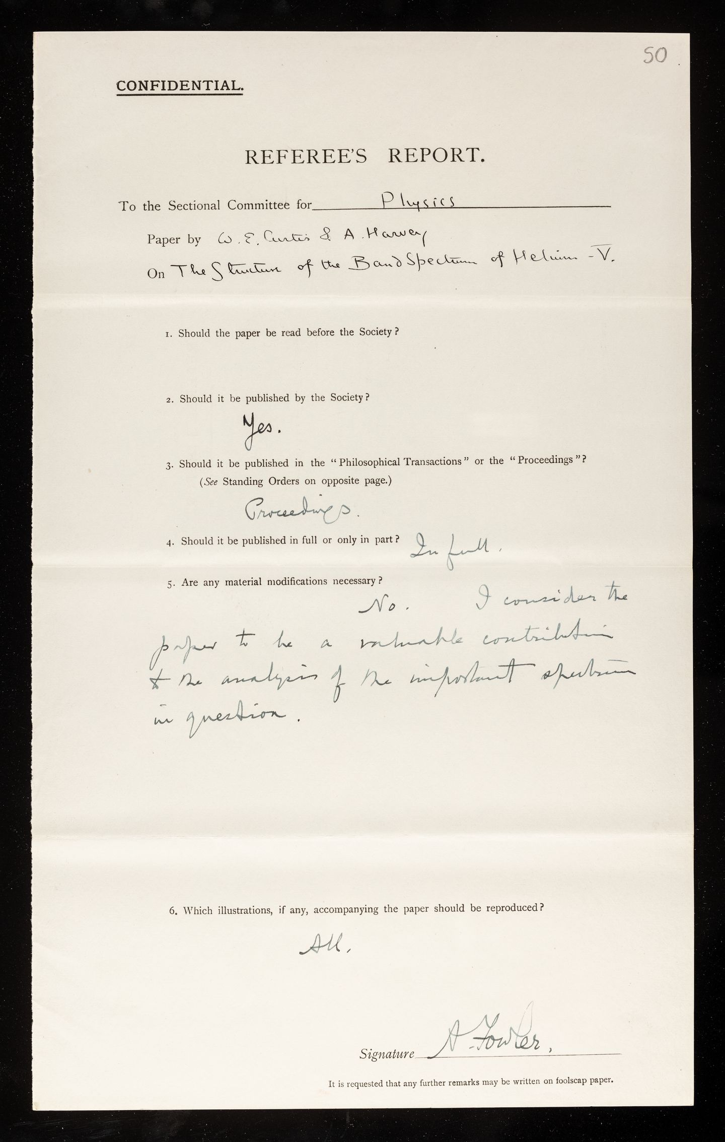 Referee's report by Alfred Fowler, on a paper 'The structure of the ...