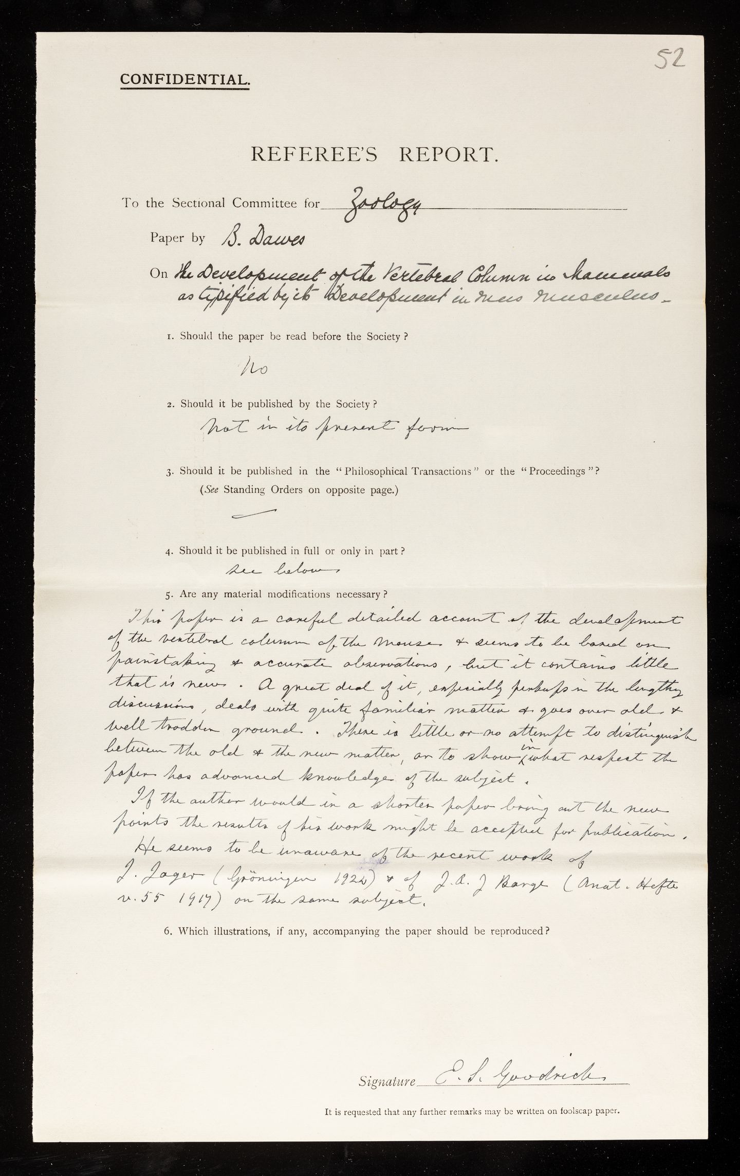 Referee's report by Edwin Stephen Goodrich, on a paper 'The development ...