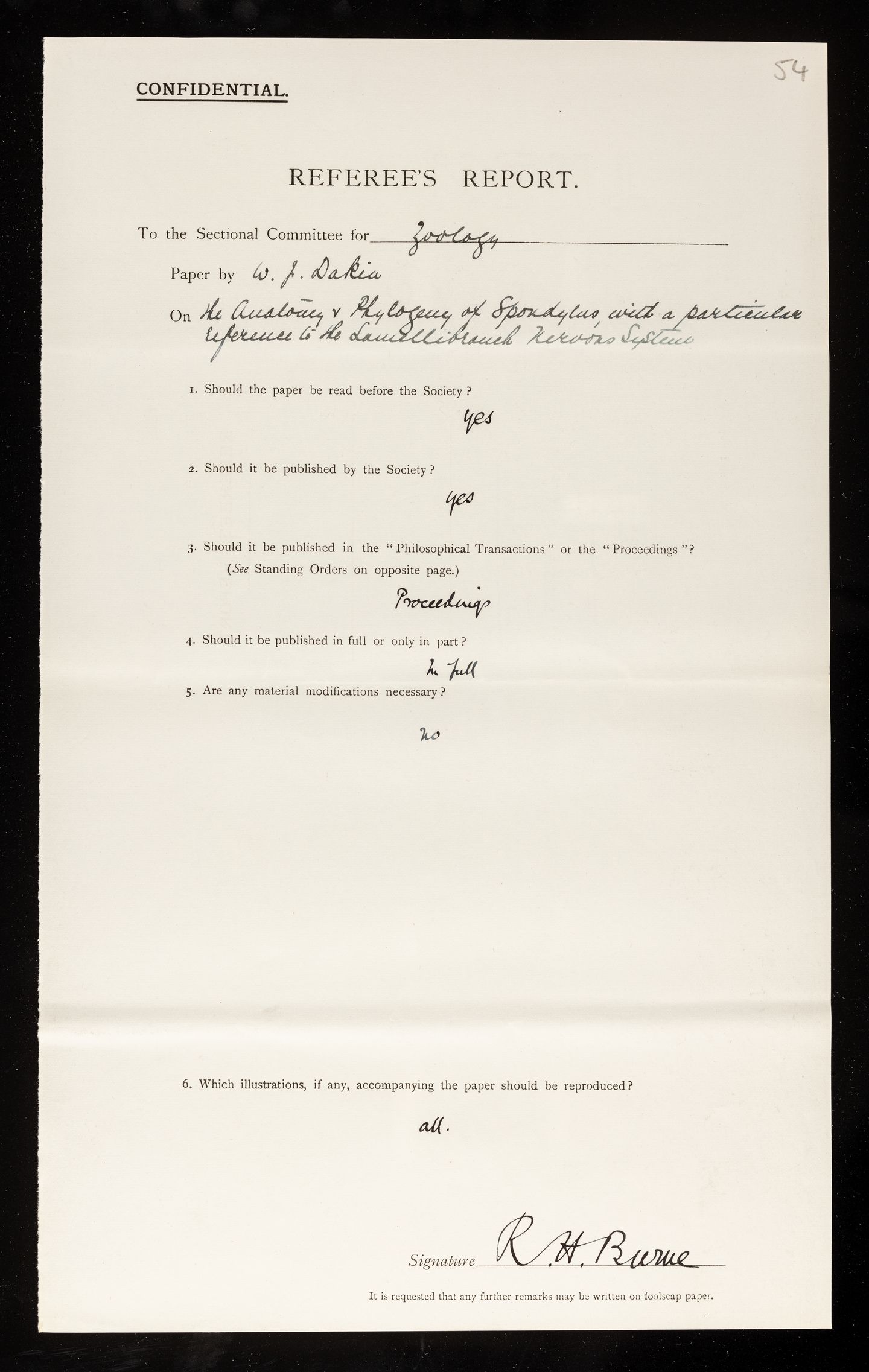 Referee's report by Richard Higgins Burne, on a paper 'The anatomy and ...