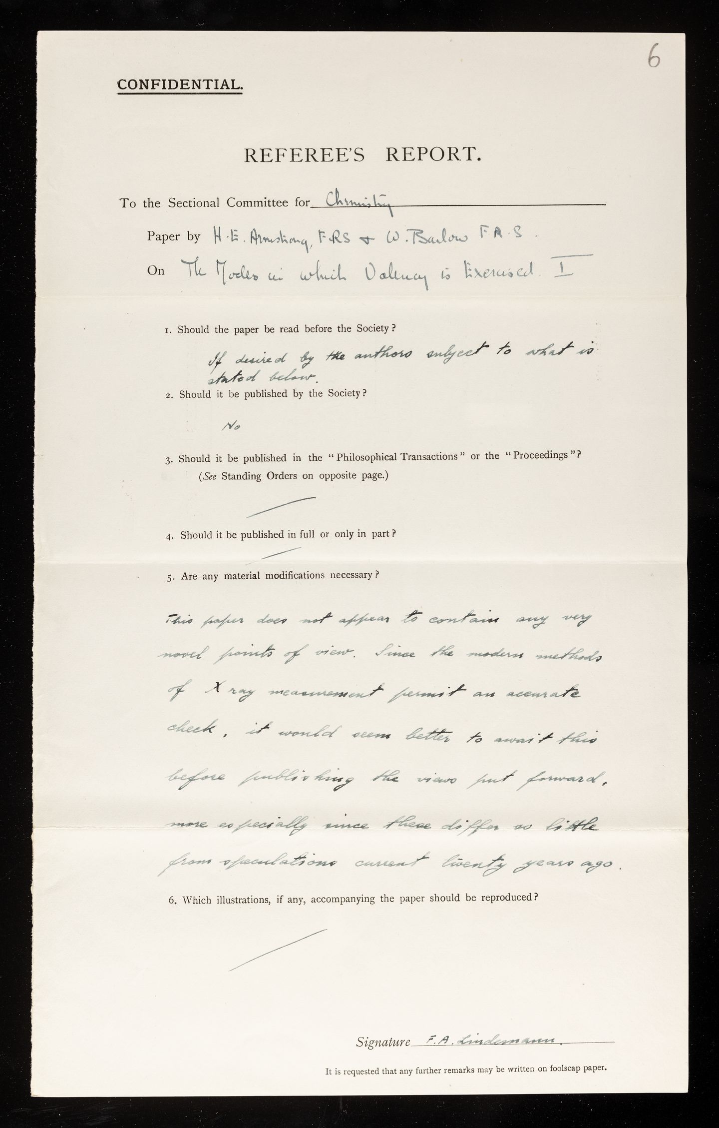 Referee's report by Frederick Alexander Lindemann, on a paper 'The ...