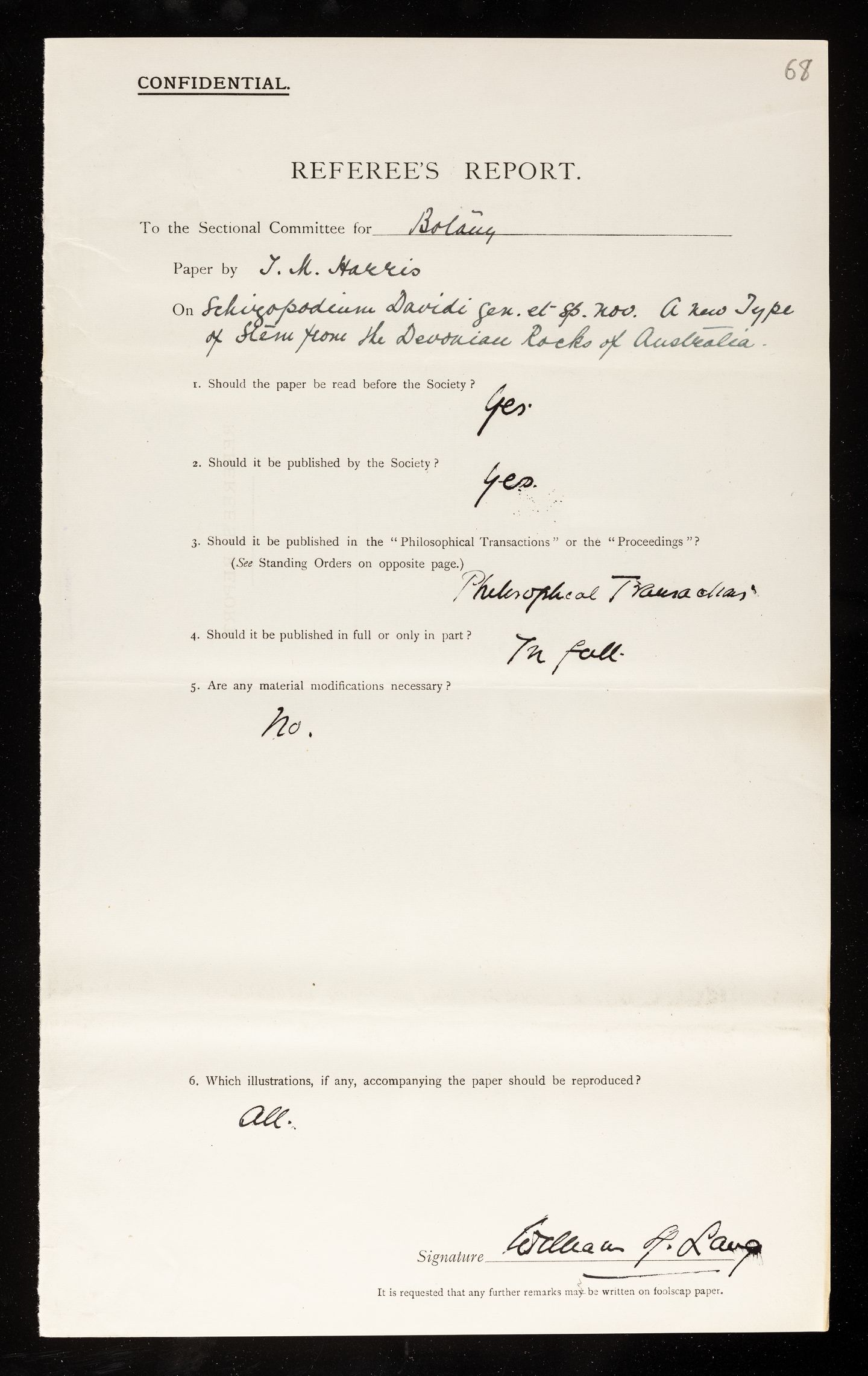 Referee's report by William Henry Lang, on a paper 'Schizopodium Davidi ...