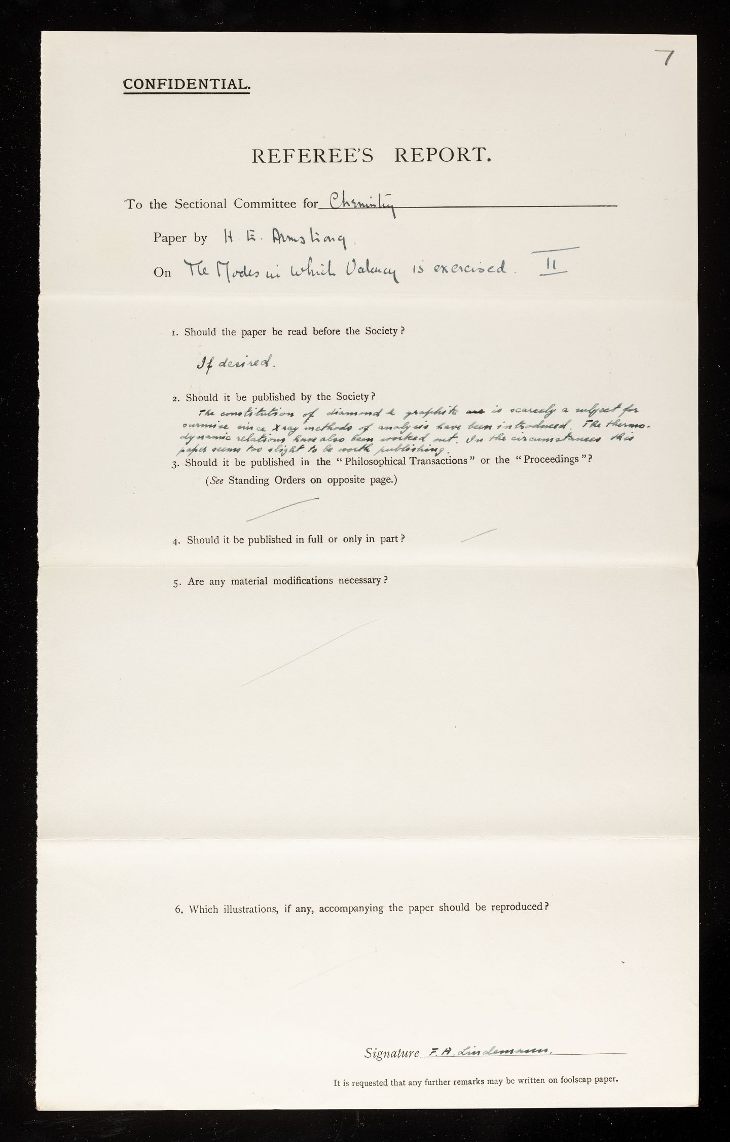 Referee's report by Frederick Alexander Lindemann, on a paper 'The ...