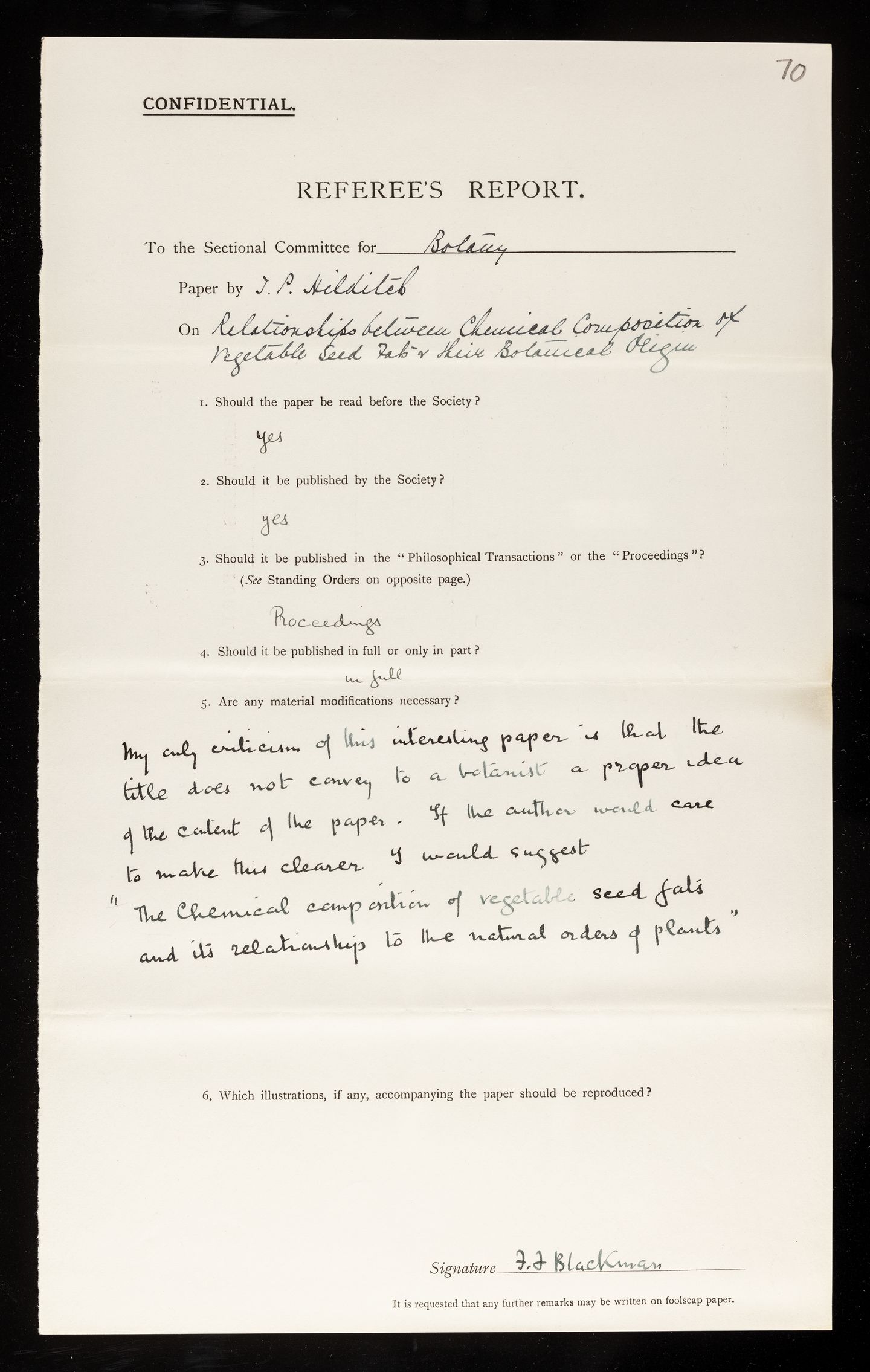 Referee's report by Frederick Frost Blackman, on a paper 'Relationships between chemical ...