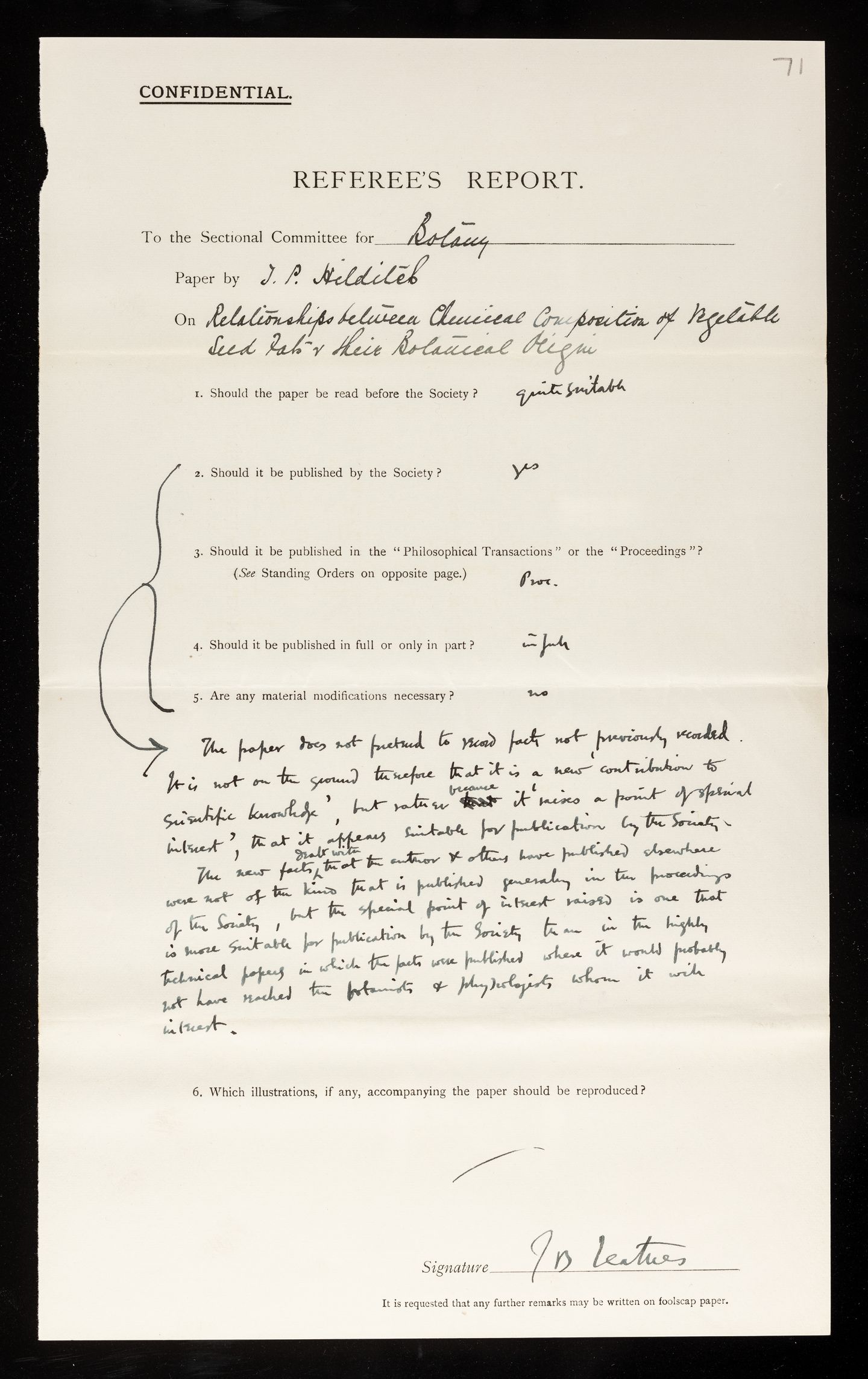 Referee's report by John Beresford Leathes, on a paper 'Relationships ...