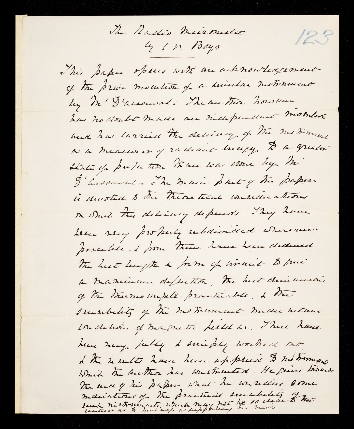 Referee's report by William De Wiveleslie Abney, on a paper 'The radio-micrometer' by Charles ...