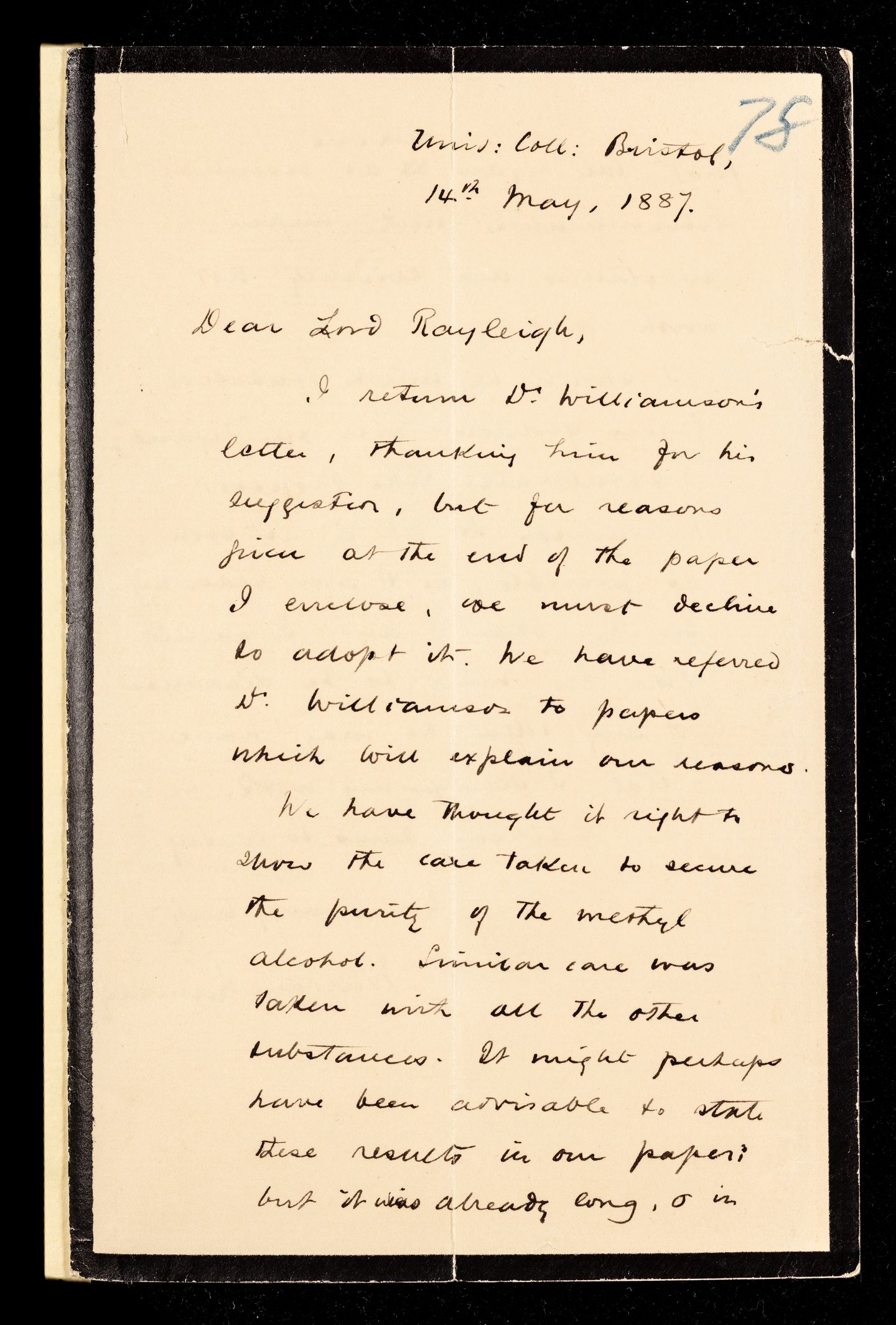 Letter from William Ramsay, to John William Strutt, 3rd Baron Rayleigh ...