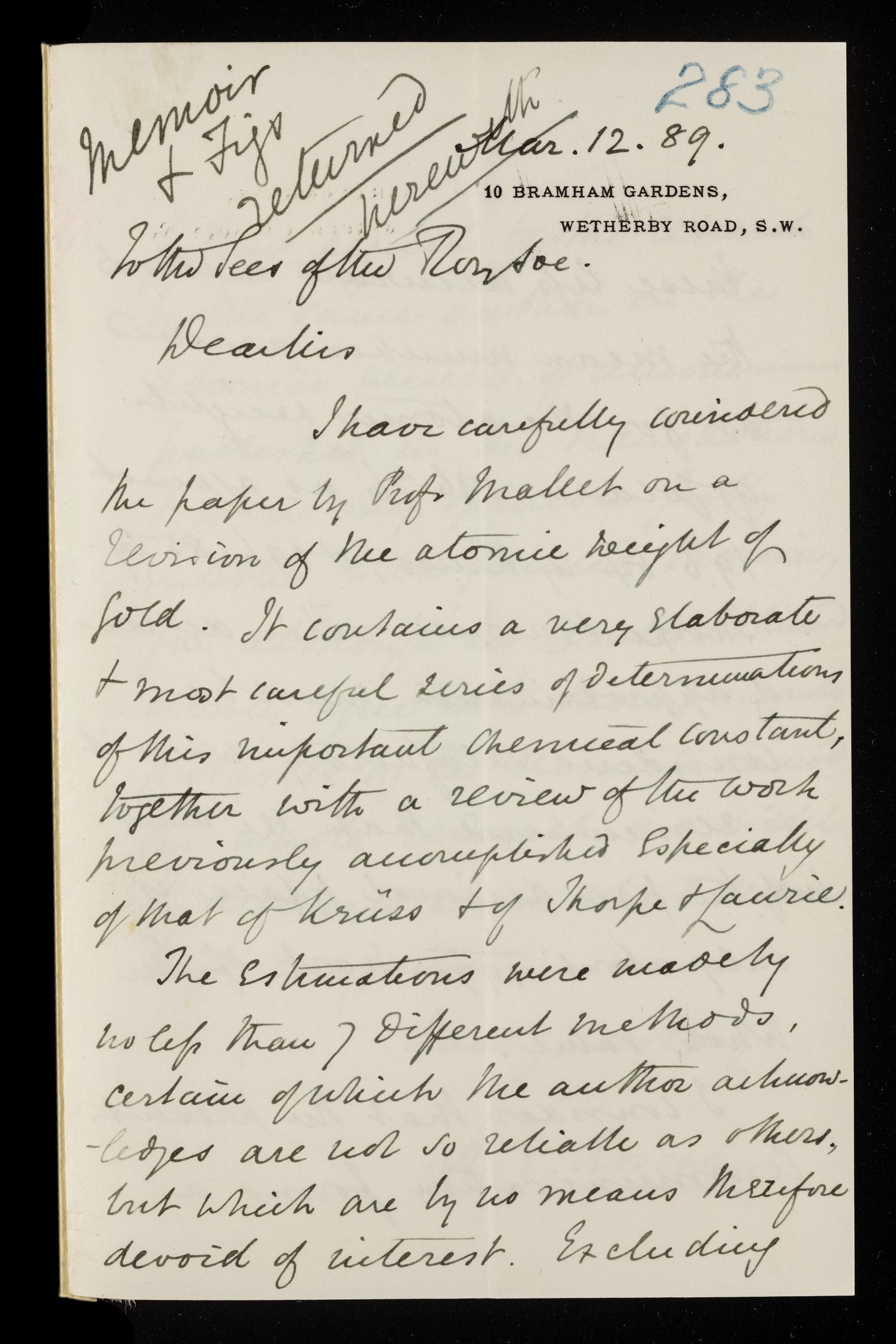 Referee's report by Henry Enfield Roscoe, on a paper 'Revision of the ...