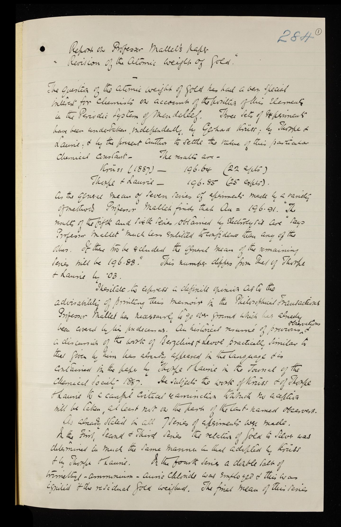 Referee's report by Thomas Edward Thorpe, on a paper 'Revision of the ...