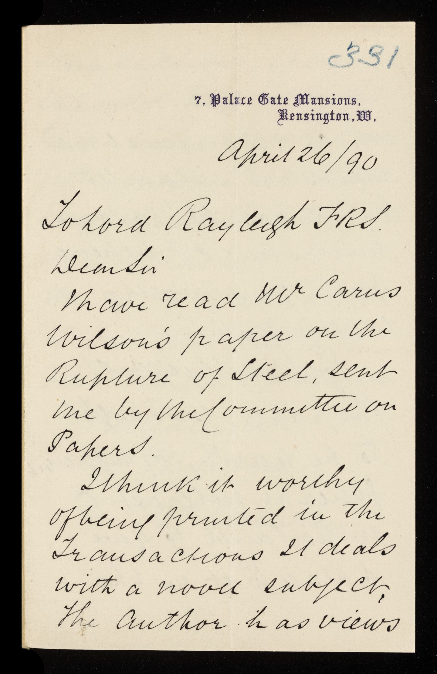 Referee's report by William Cawthorne Unwin, on a paper 'The rupture of ...