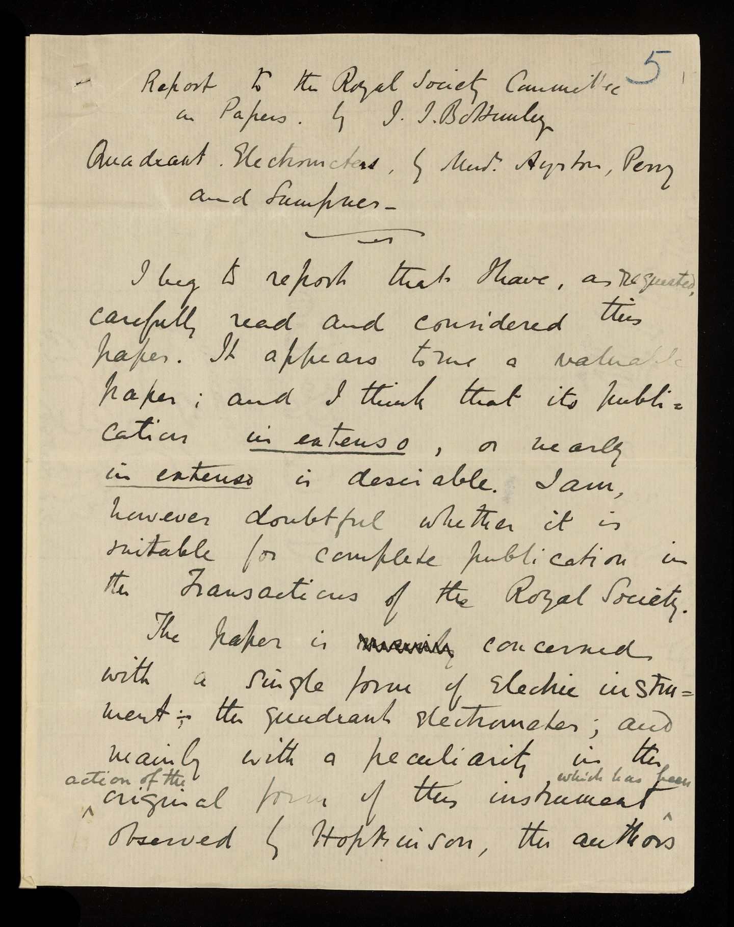 Referee's report by James Thomson Bottomley, on a paper 'Quadrant ...