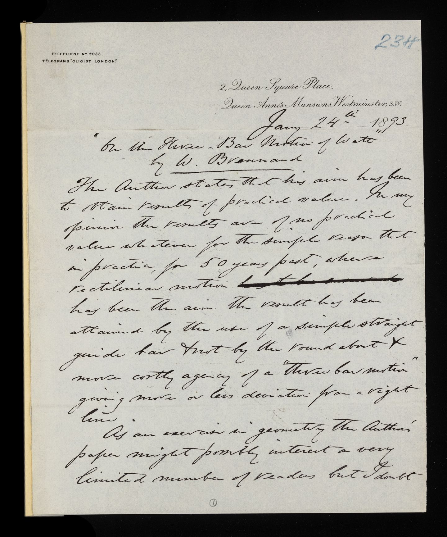 Referee's report by Benjamin Baker, on a paper 'On the three-bar motion ...