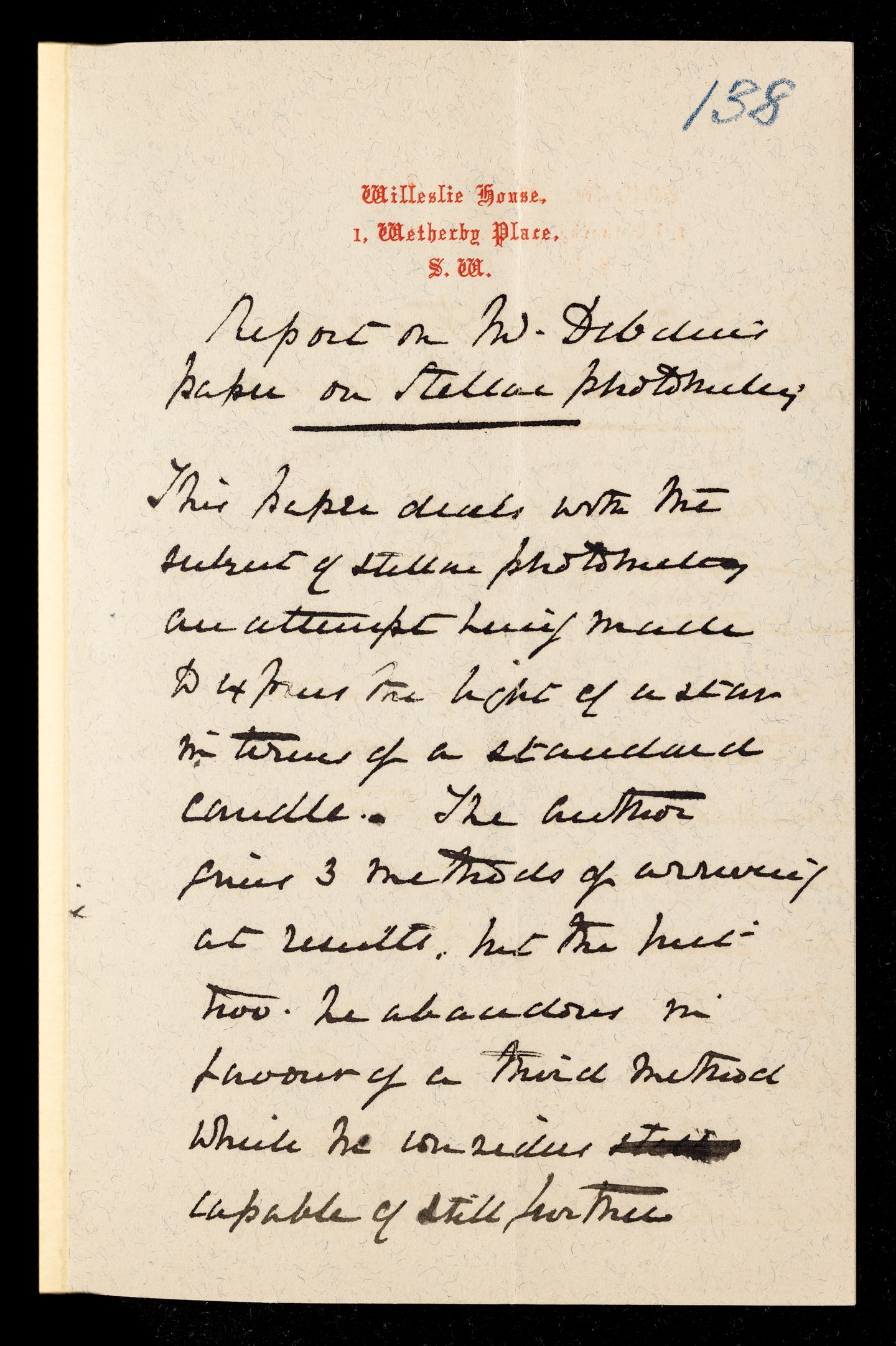 Referee's report by William de Wiveleslie Abney, on a paper 'Stellar ...