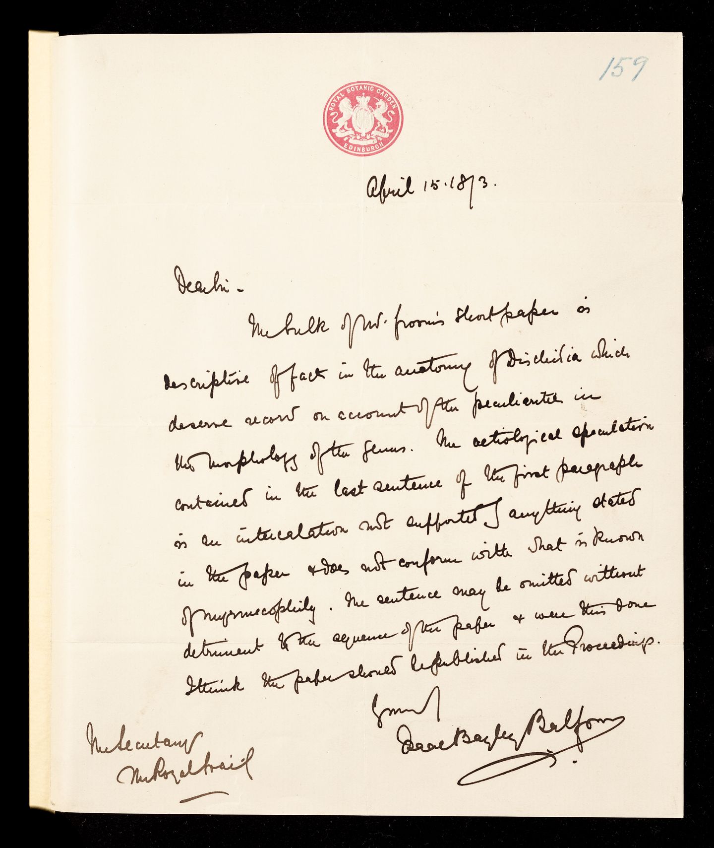 Referee's report by Isaac Bayley Balfour, on a paper 'On Dischidia ...