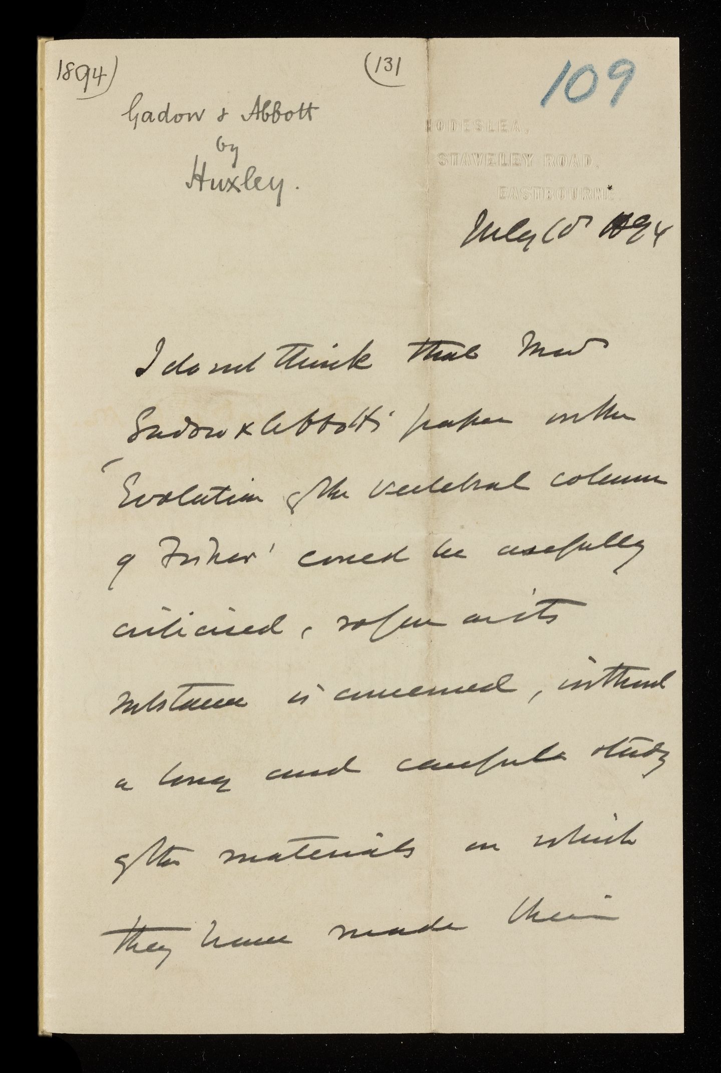 Referee's report by Thomas Henry Huxley, on a paper 'On the evolution ...