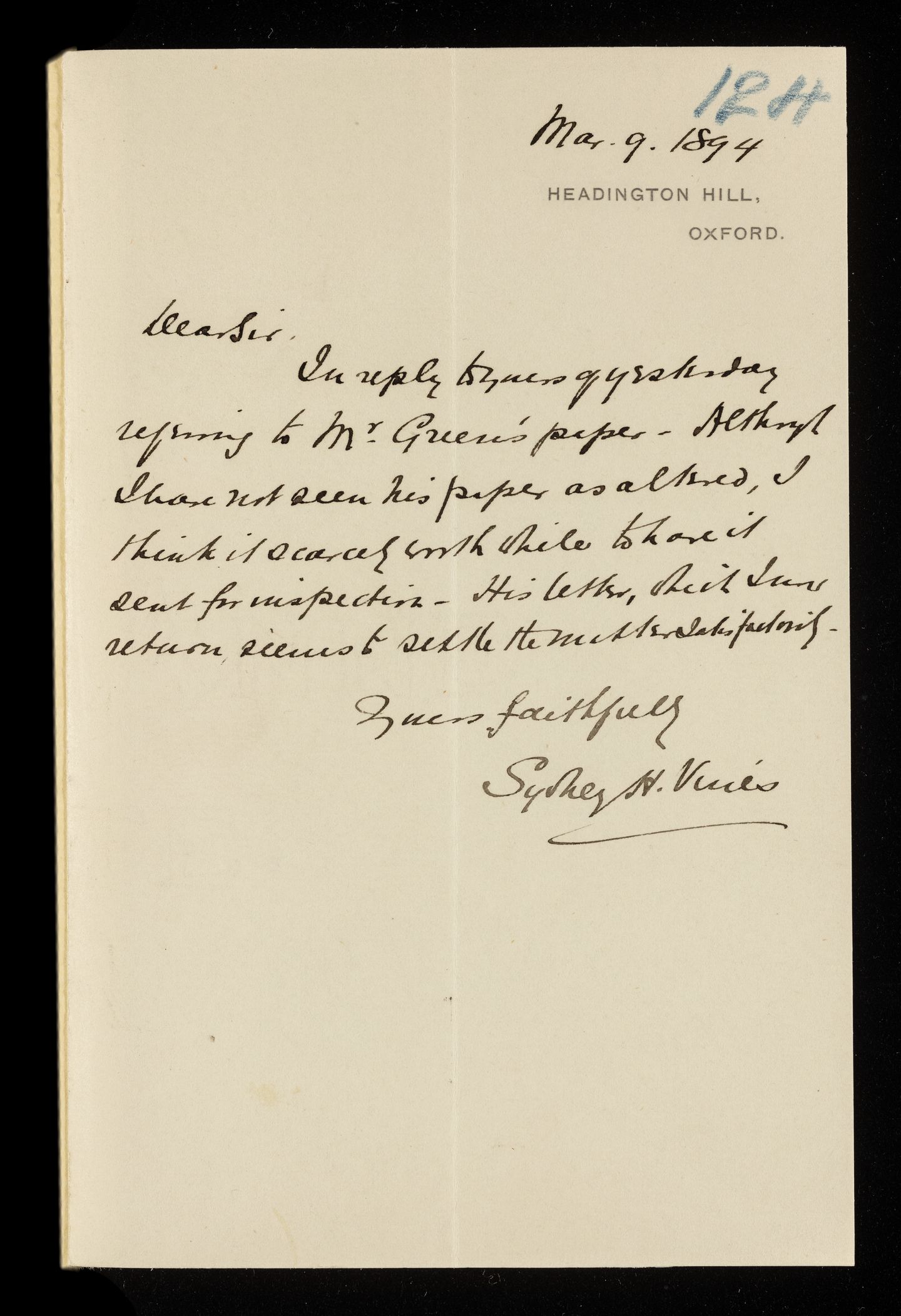 Letter from Sydney Howard Vines, to Herbert Rix, regarding a paper ...