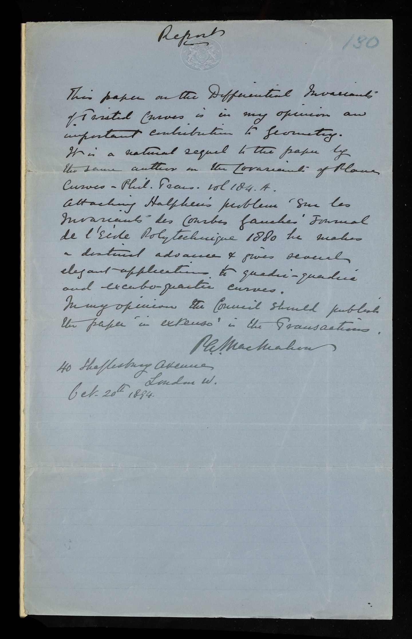 Referee's report by Percy Alexander MacMahon, on a paper 'The ...