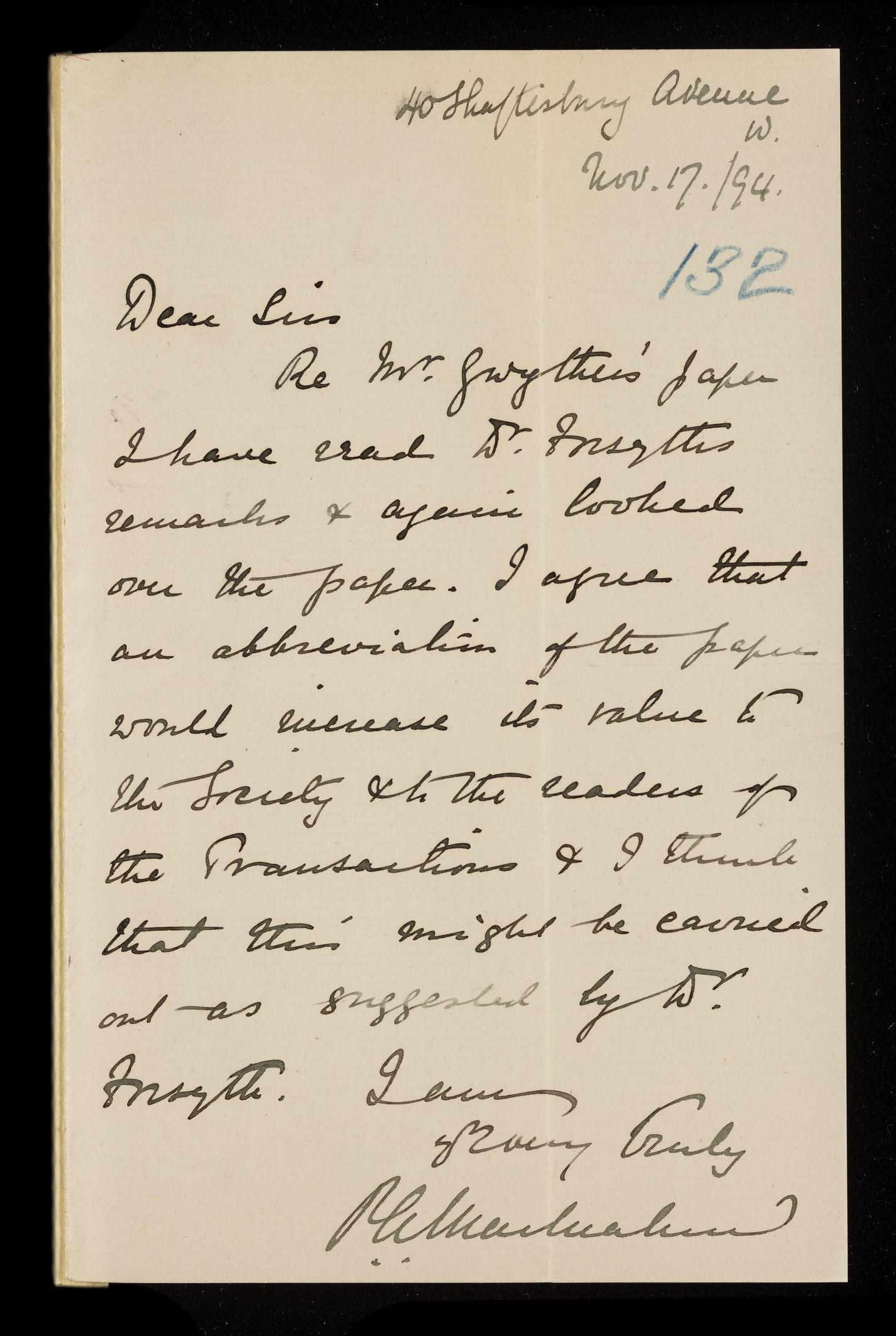 Letter from Percy Alexander MacMahon, regarding a paper 'The ...