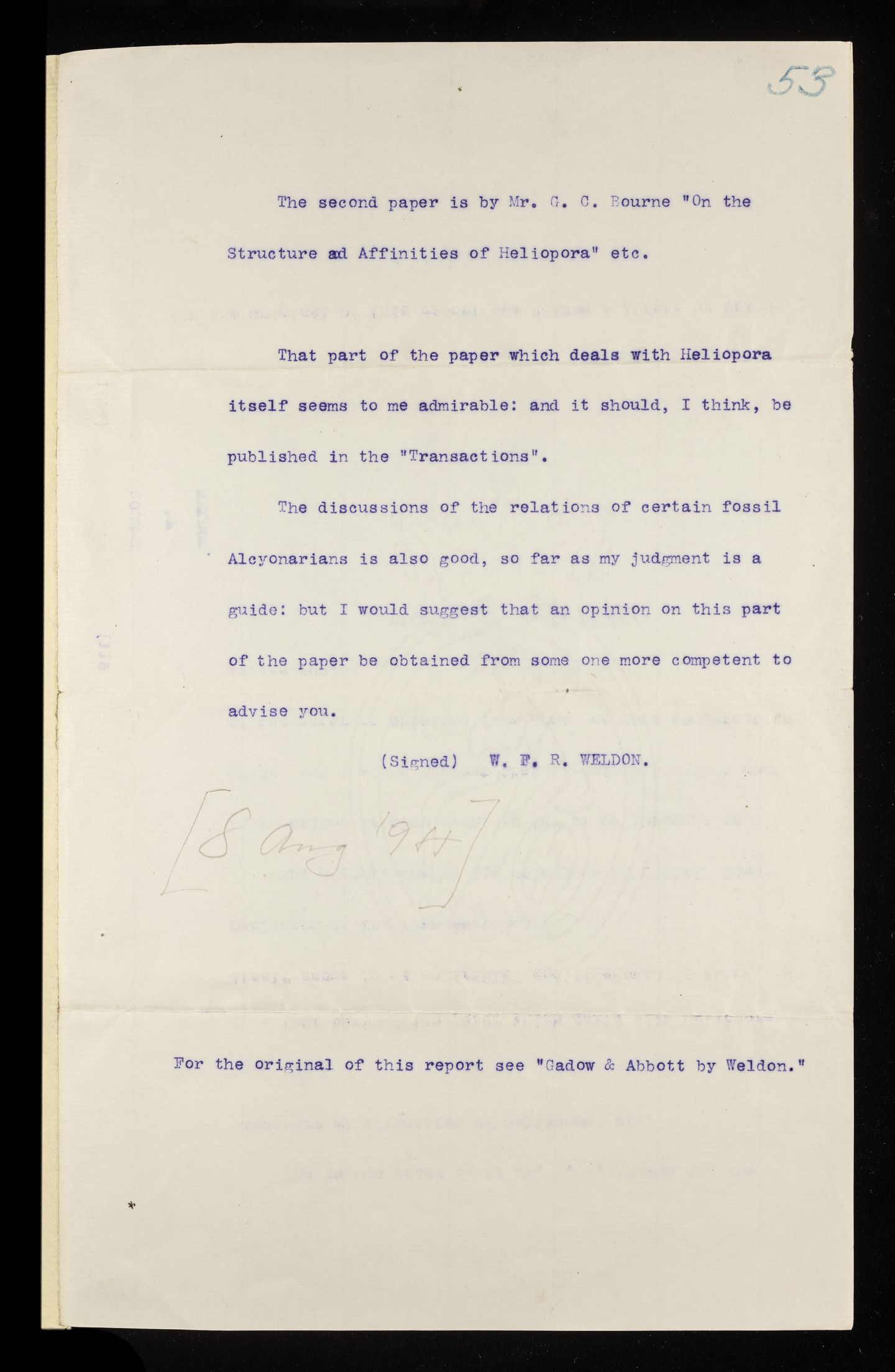 Referee's report by Walter Frank Raphael Weldon, on a paper 'On the ...