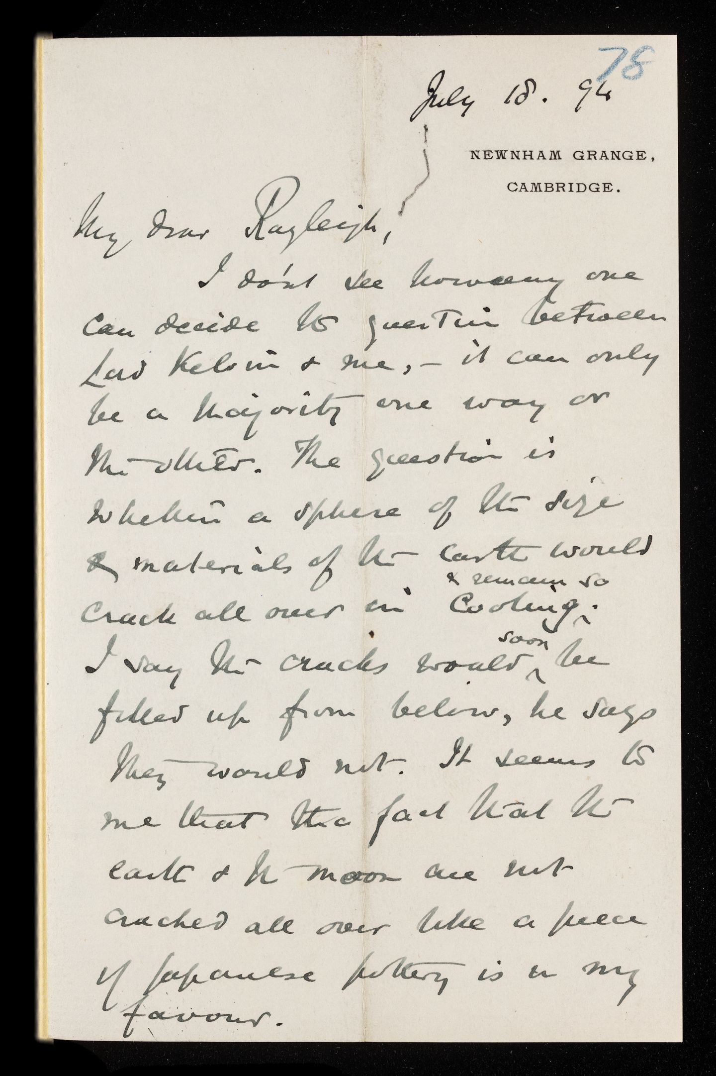 Letter from George Howard Darwin, to John William Strutt, 3rd Baron ...